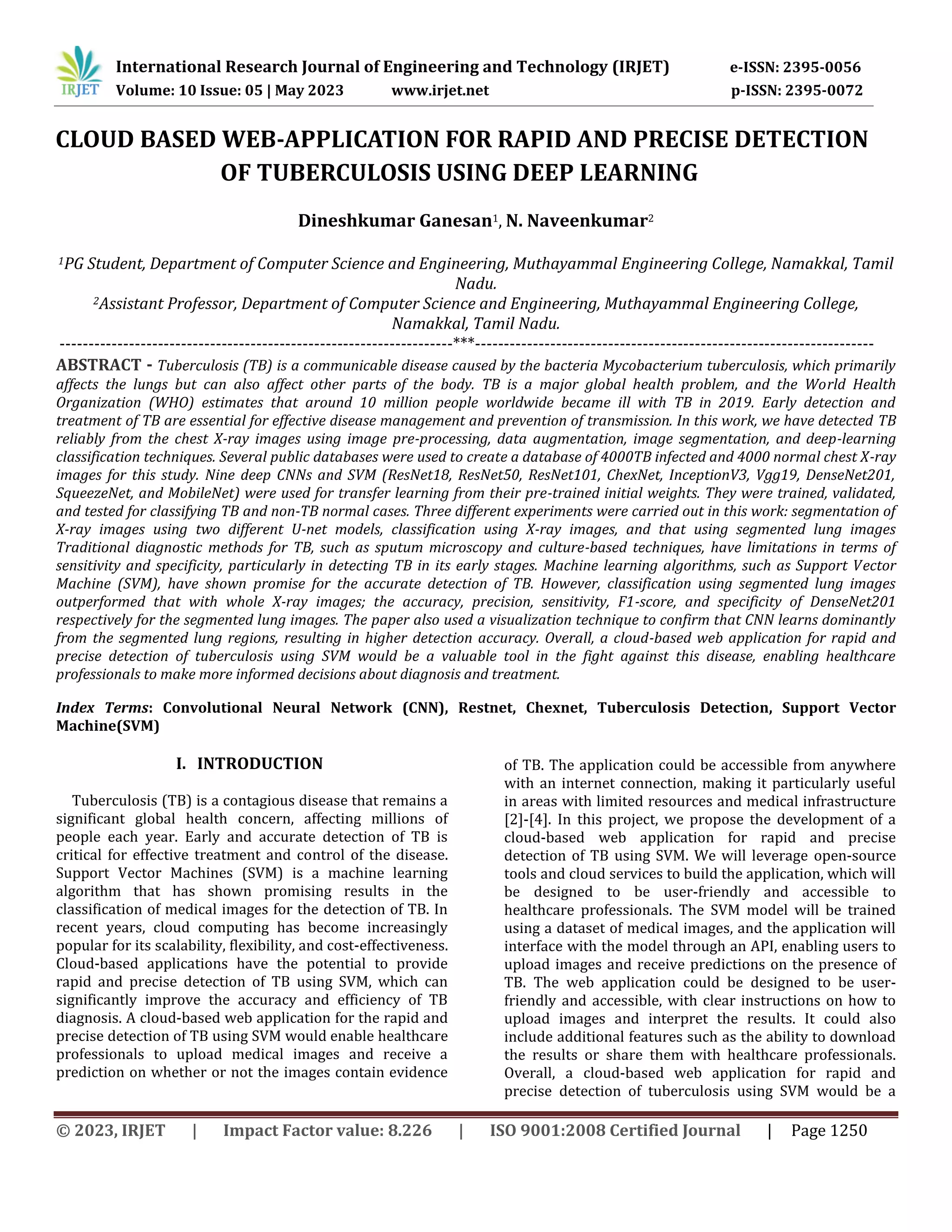 CLOUD BASED WEB-APPLICATION FOR RAPID AND PRECISE DETECTION OF TUBERCULOSIS USING DEEP LEARNING ...