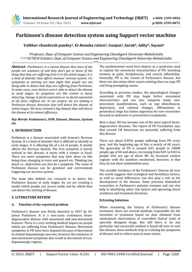 Parkinson’s disease detection system using Support vector machine | PDF