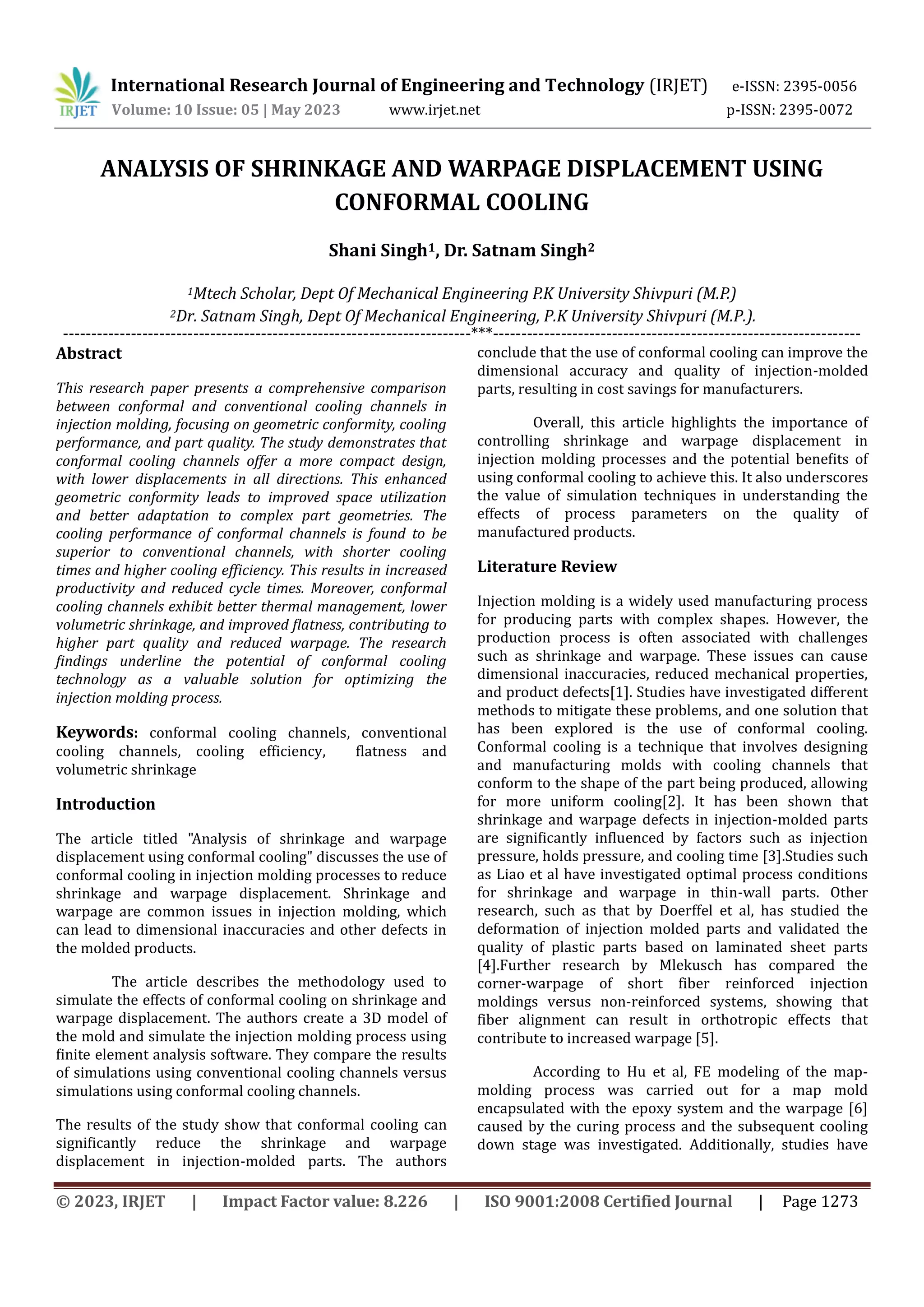 ANALYSIS OF SHRINKAGE AND WARPAGE DISPLACEMENT USING CONFORMAL COOLING | PDF