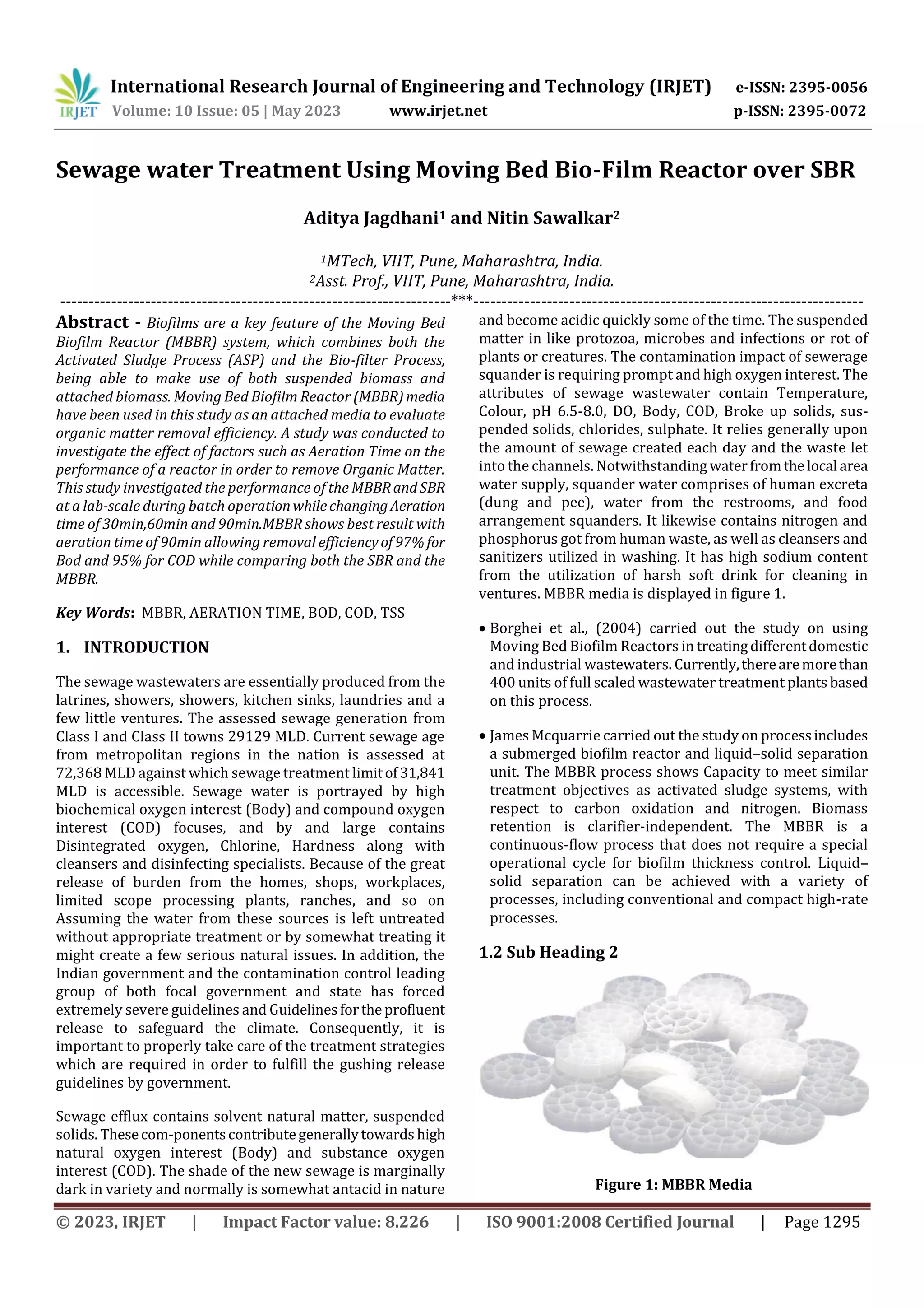 Sewage water Treatment Using Moving Bed Bio-Film Reactor over SBR | PDF