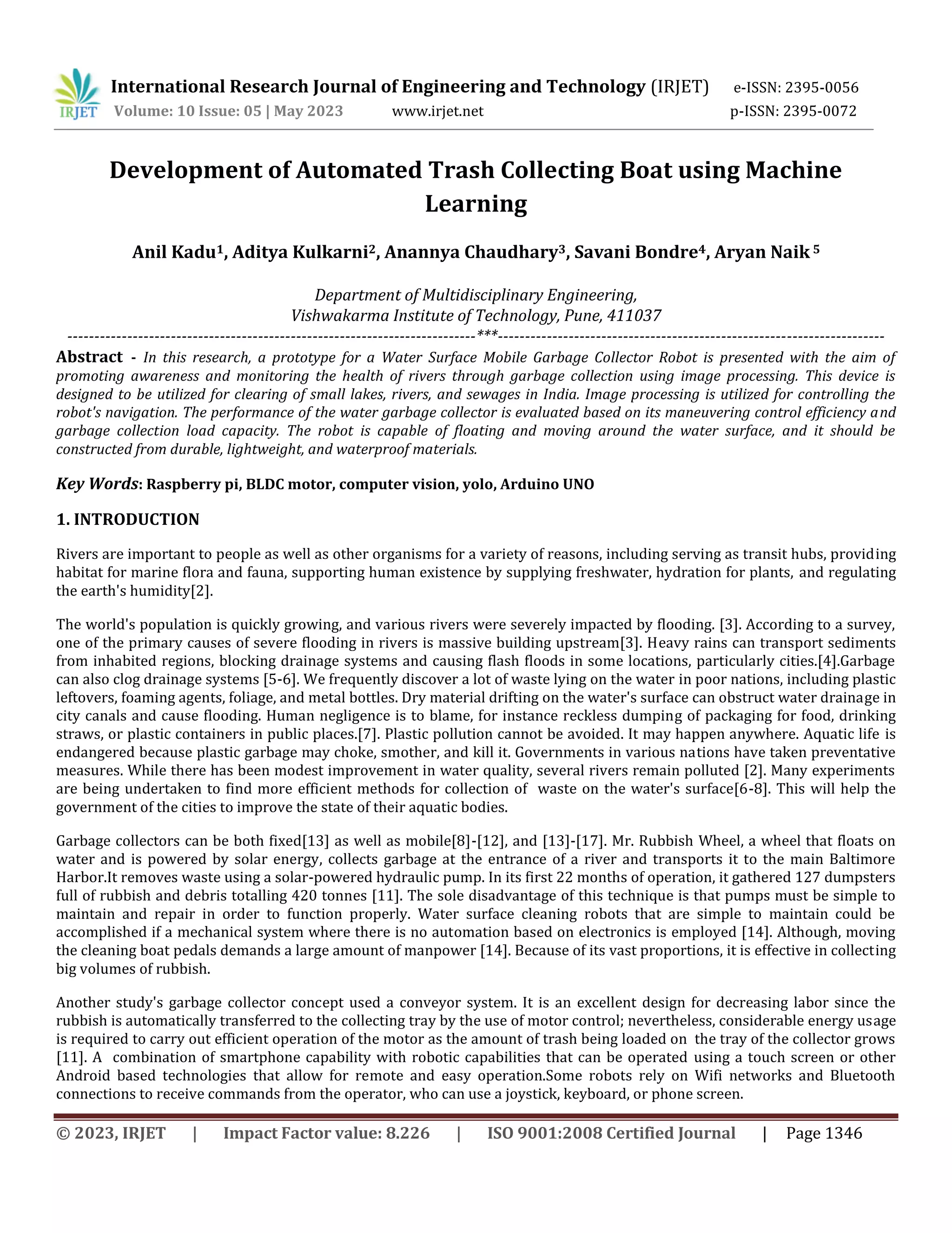 Development of Automated Trash Collecting Boat using Machine Learning | PDF