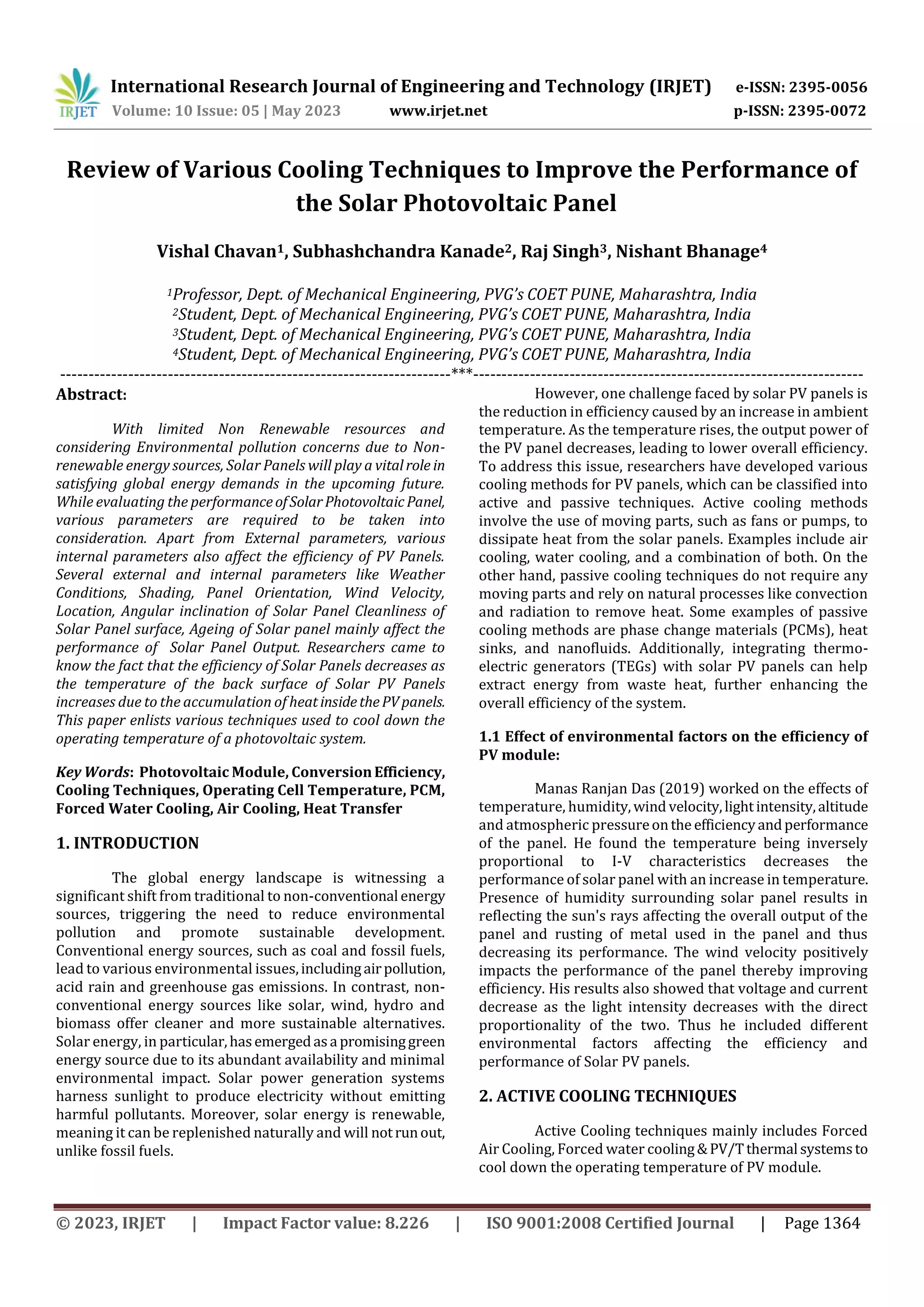 Review of Various Cooling Techniques to Improve the Performance of the ...