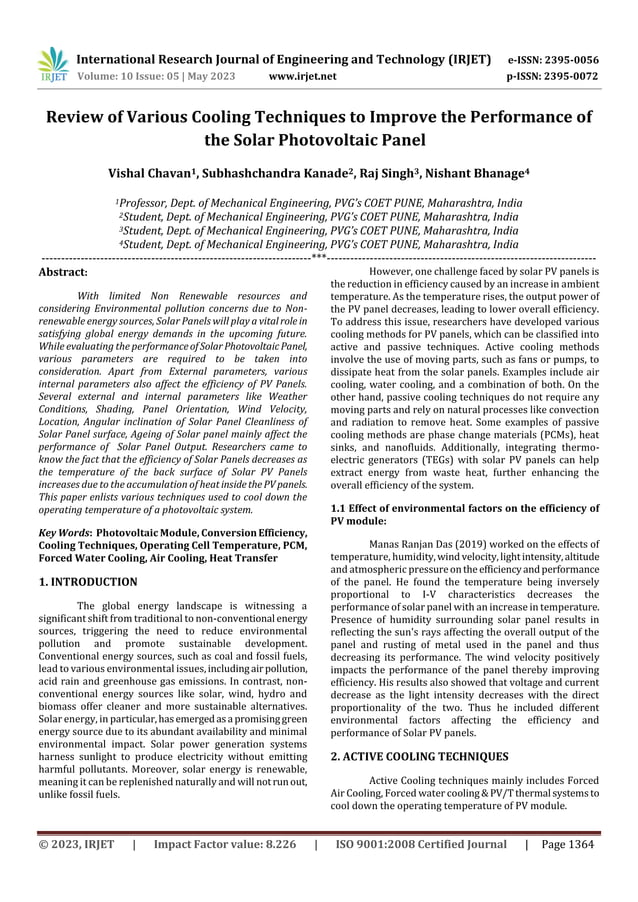 Review of Various Cooling Techniques to Improve the Performance of the Solar Photovoltaic Panel ...