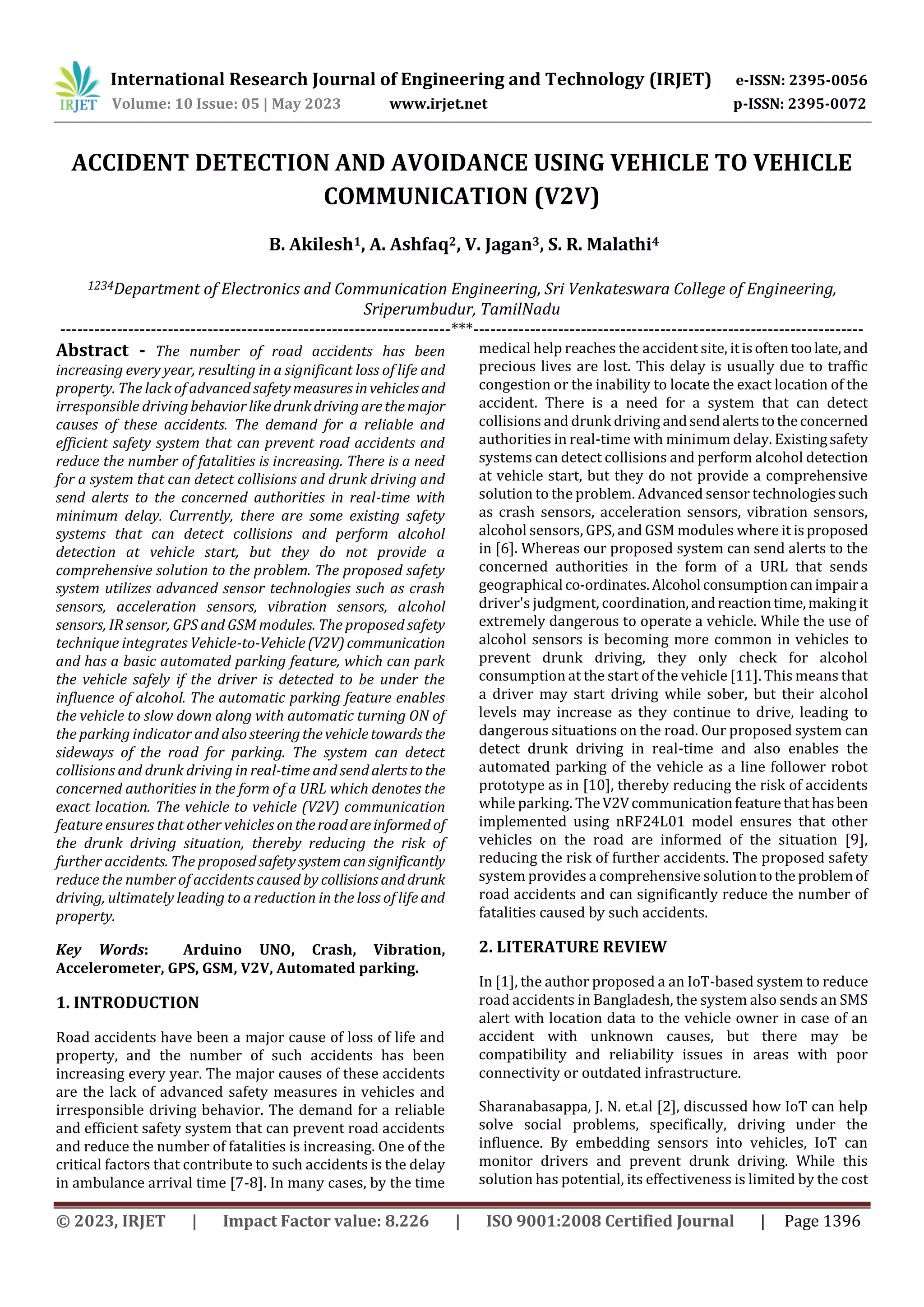 ACCIDENT DETECTION AND AVOIDANCE USING VEHICLE TO VEHICLE COMMUNICATION ...