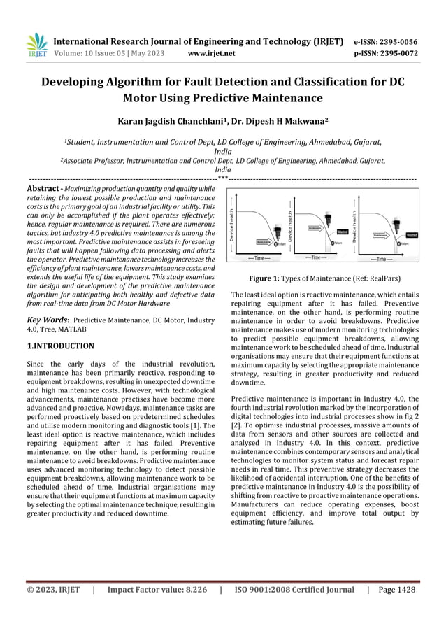 Developing Algorithm for Fault Detection and Classification for DC Motor Using Predictive ...