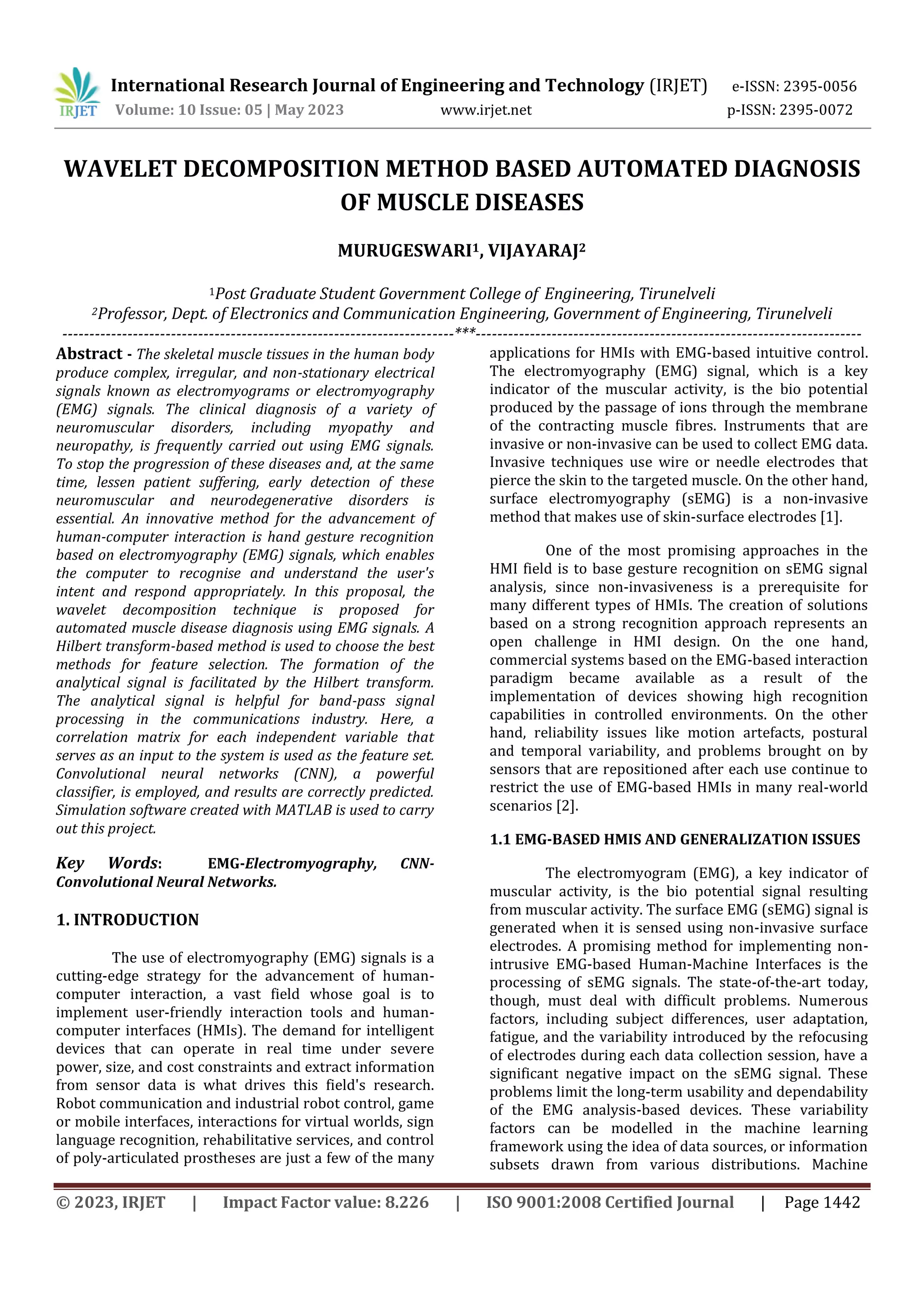 WAVELET DECOMPOSITION METHOD BASED AUTOMATED DIAGNOSIS OF MUSCLE DISEASES | PDF