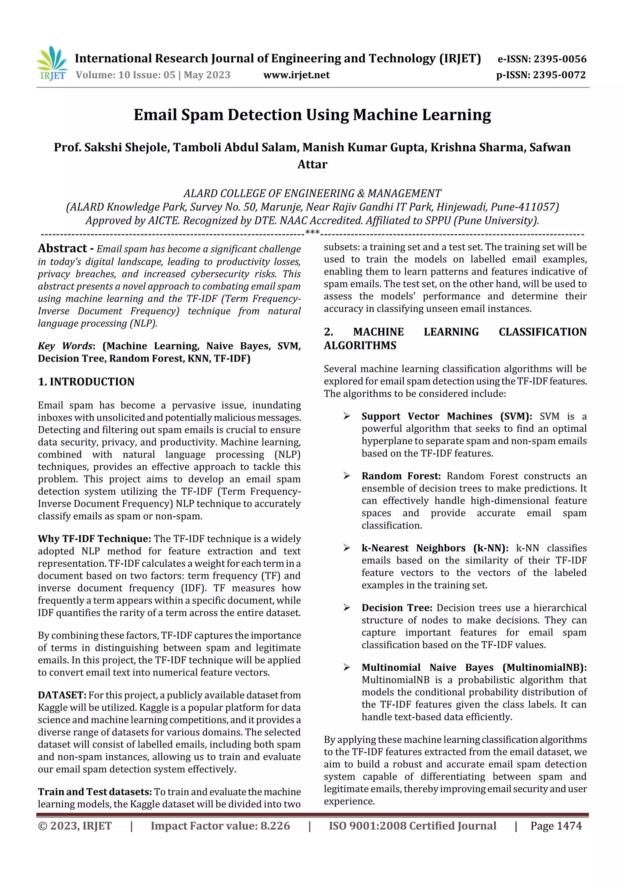 Email Spam Detection Using Machine Learning | PDF