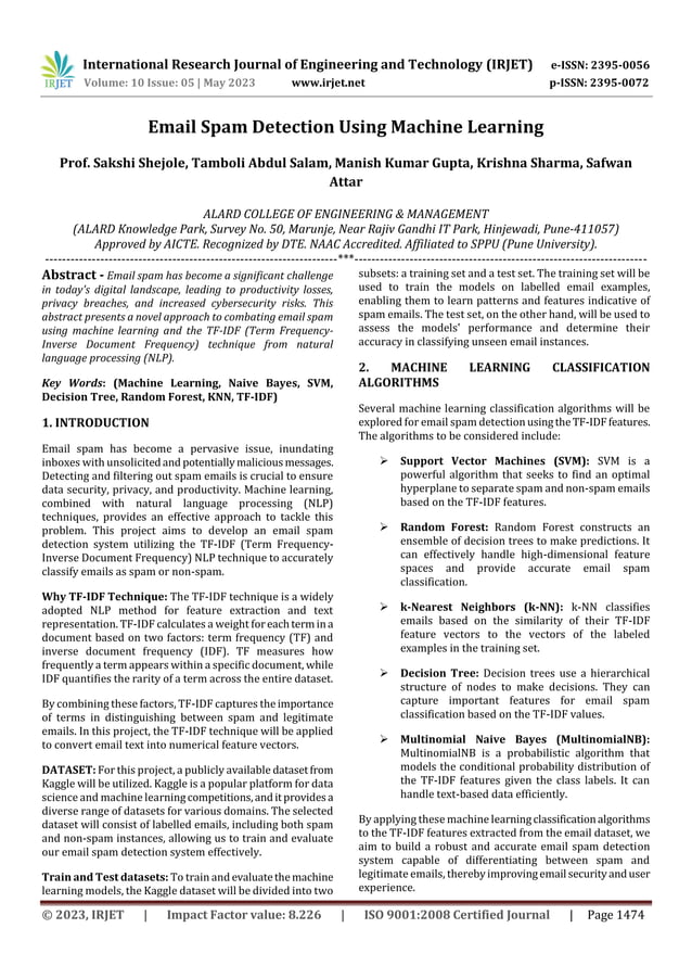 Email Spam Detection Using Machine Learning | PDF