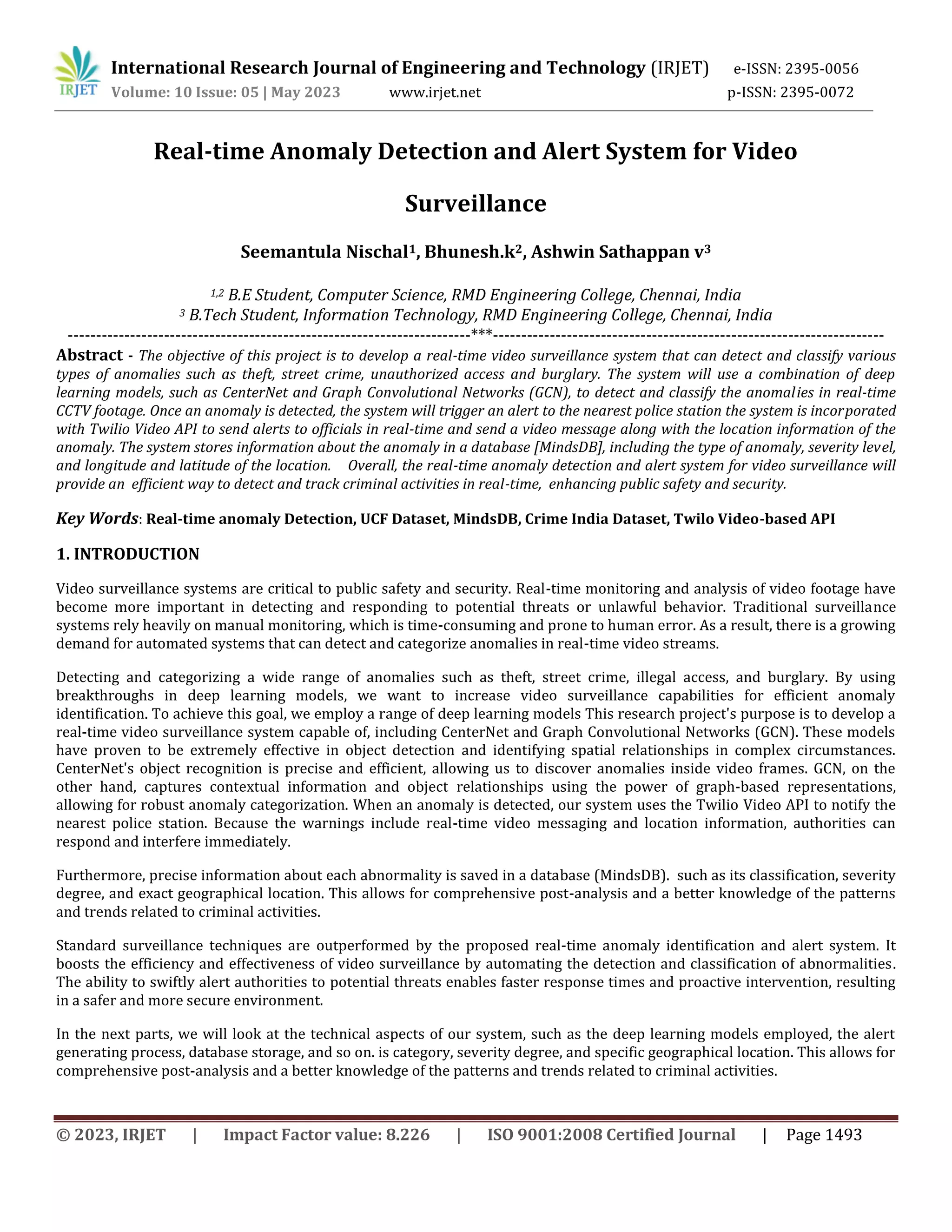 Real-time Anomaly Detection and Alert System for Video Surveillance | PDF