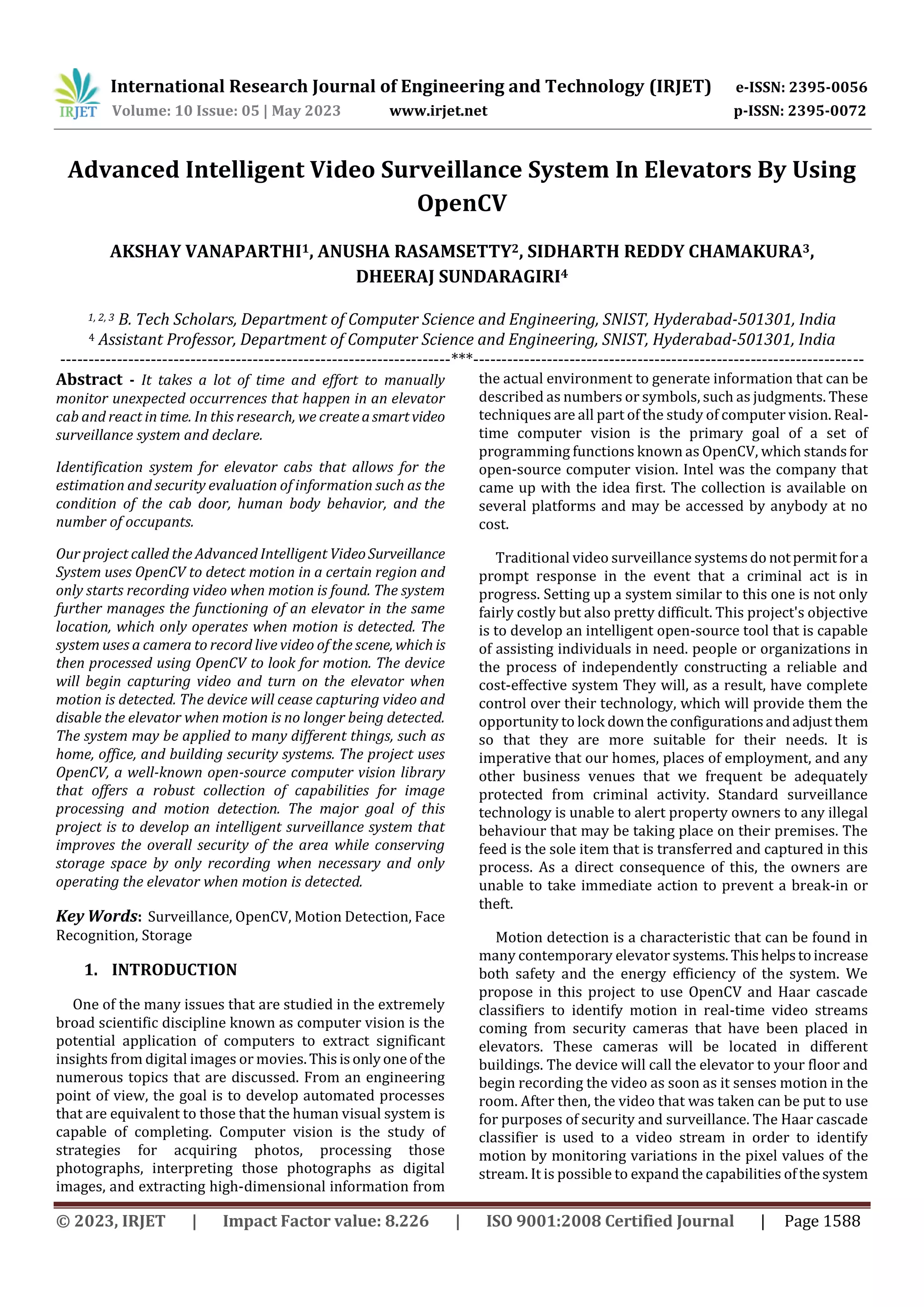 Advanced Intelligent Video Surveillance System In Elevators By Using OpenCV | PDF
