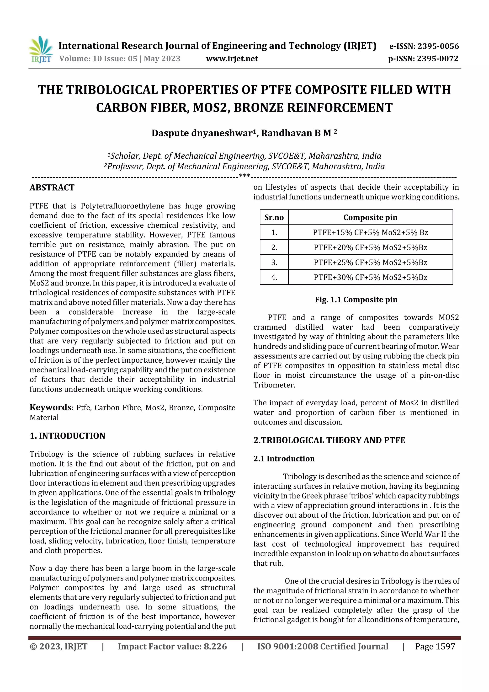 THE TRIBOLOGICAL PROPERTIES OF PTFE COMPOSITE FILLED WITH CARBON FIBER, MOS2, BRONZE ...