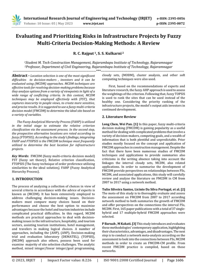 Evaluating and Prioritizing Risks in Infrastructure Projects by Fuzzy Multi-Criteria Decision ...