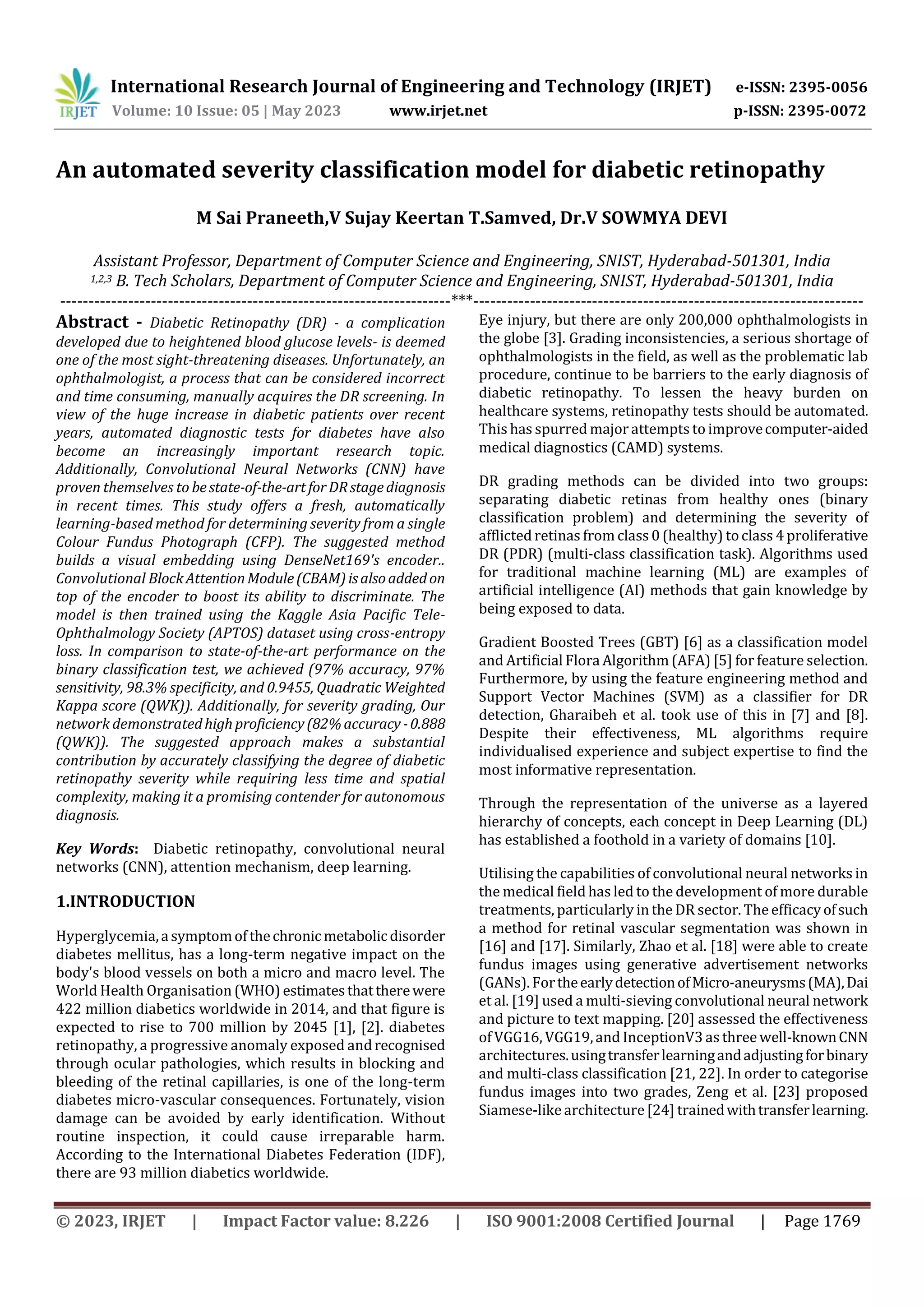 An Automated Severity Classification Model For Diabetic Retinopathy Pdf