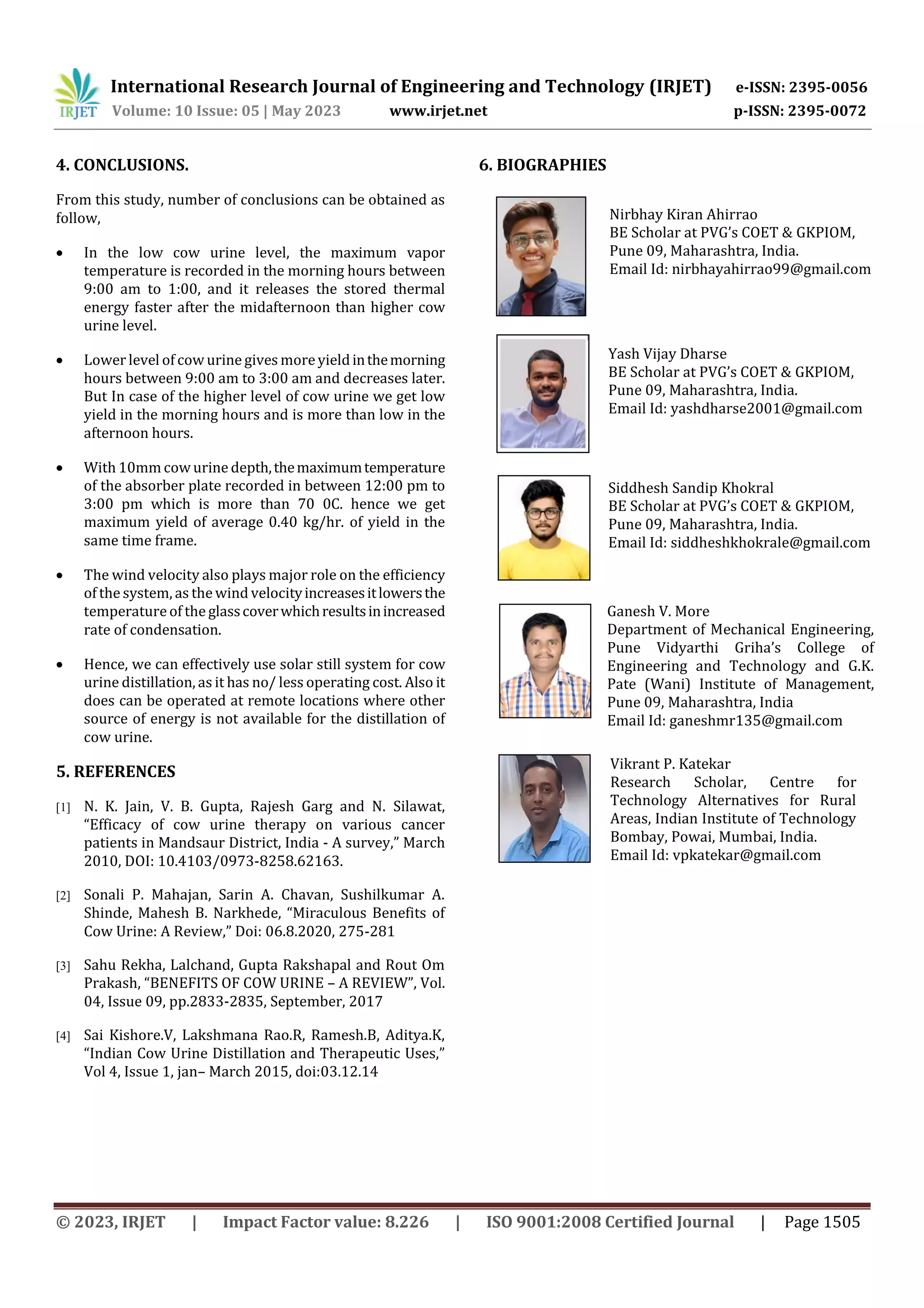 Design, Fabrication & Performance Analysis of Solar Still for Cow Urine ...