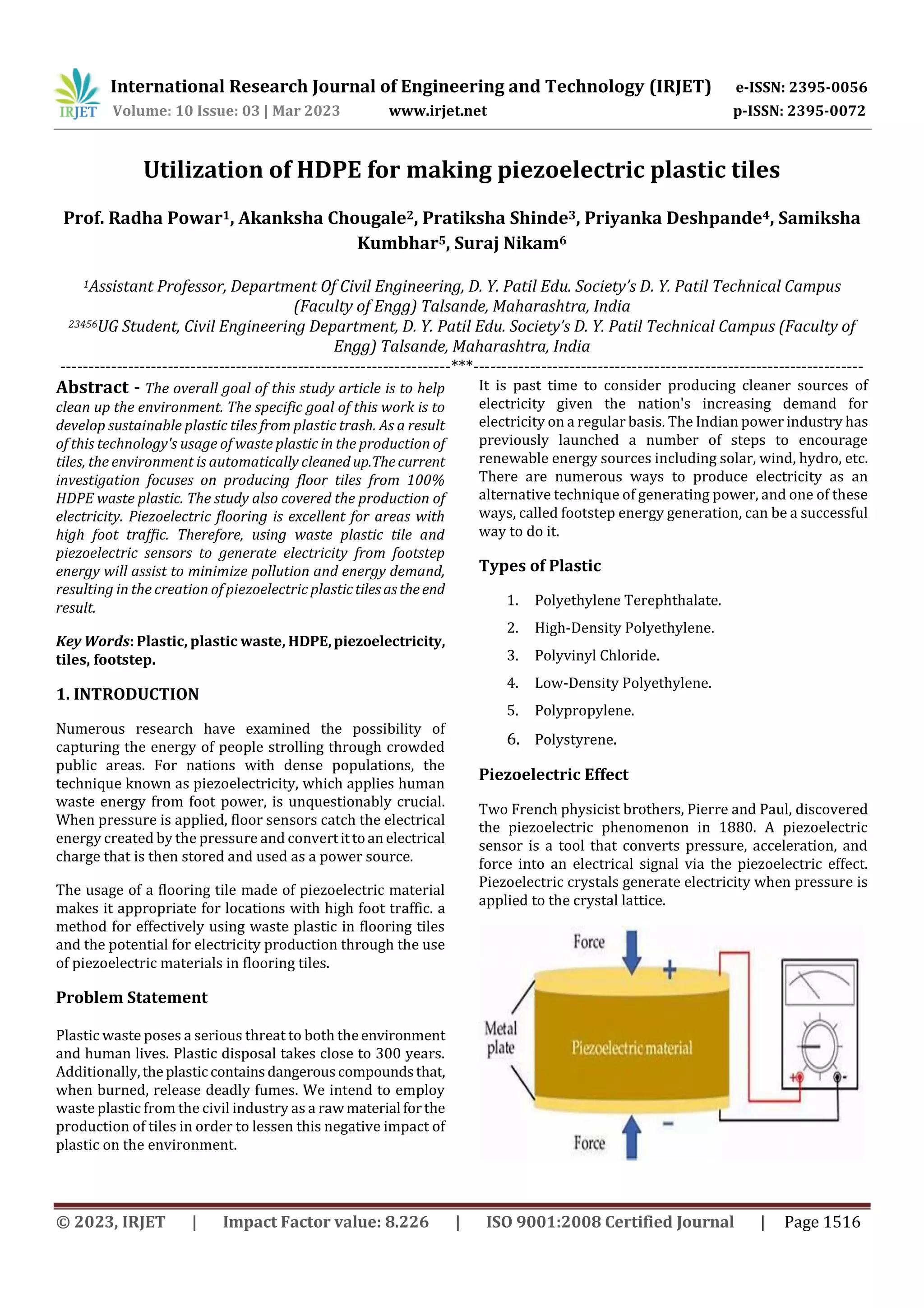Utilization of HDPE for making piezoelectric plastic tiles | PDF