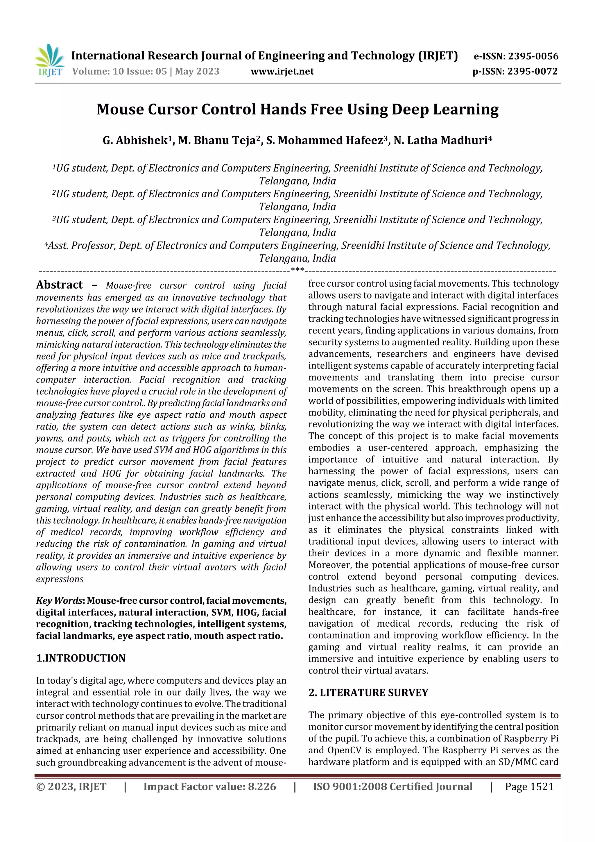 Mouse Cursor Control Hands Free Using Deep Learning | PDF