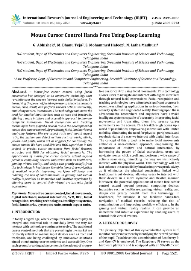 Mouse Cursor Control Hands Free Using Deep Learning | PDF