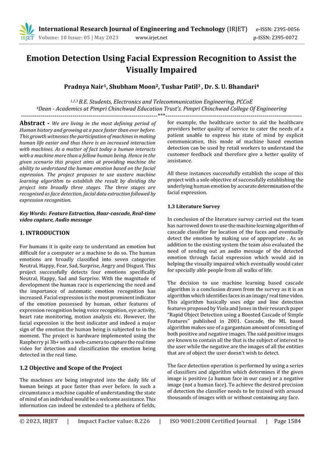 Emotion Detection Using Facial Expression Recognition to Assist the Visually Impaired | PDF