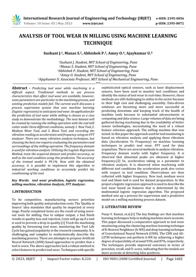 ANALYSIS OF TOOL WEAR IN MILLING USING MACHINE LEARNING TECHNIQUE | PDF