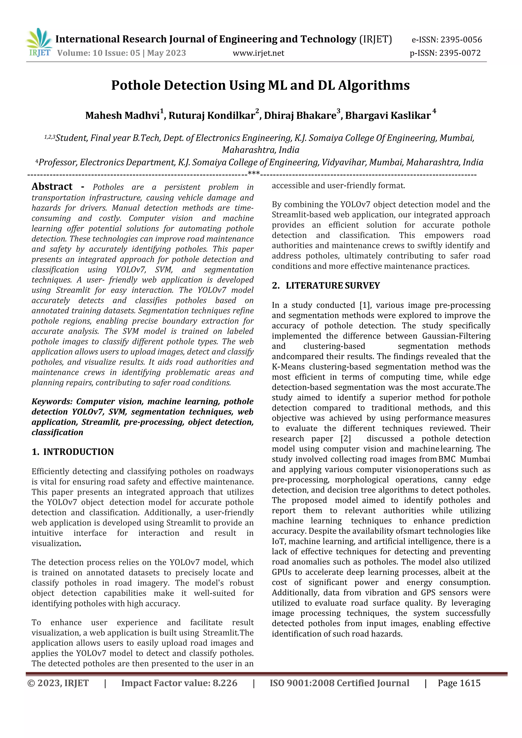 Pothole Detection Using ML and DL Algorithms | PDF | Technology Industry | Industries