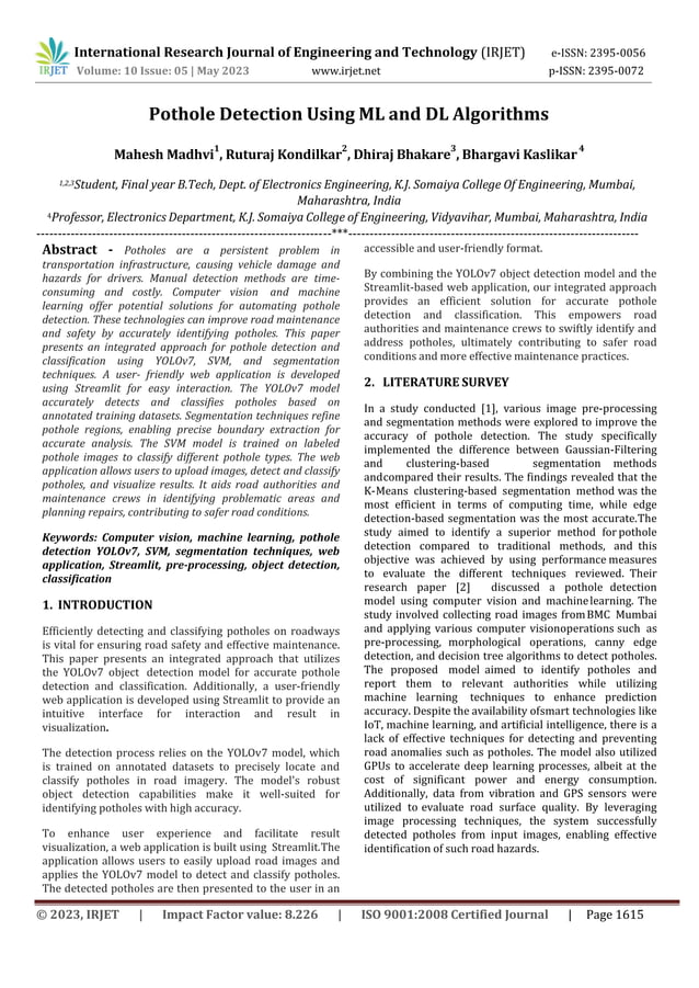 Pothole Detection Using ML and DL Algorithms | PDF | Technology Industry | Industries