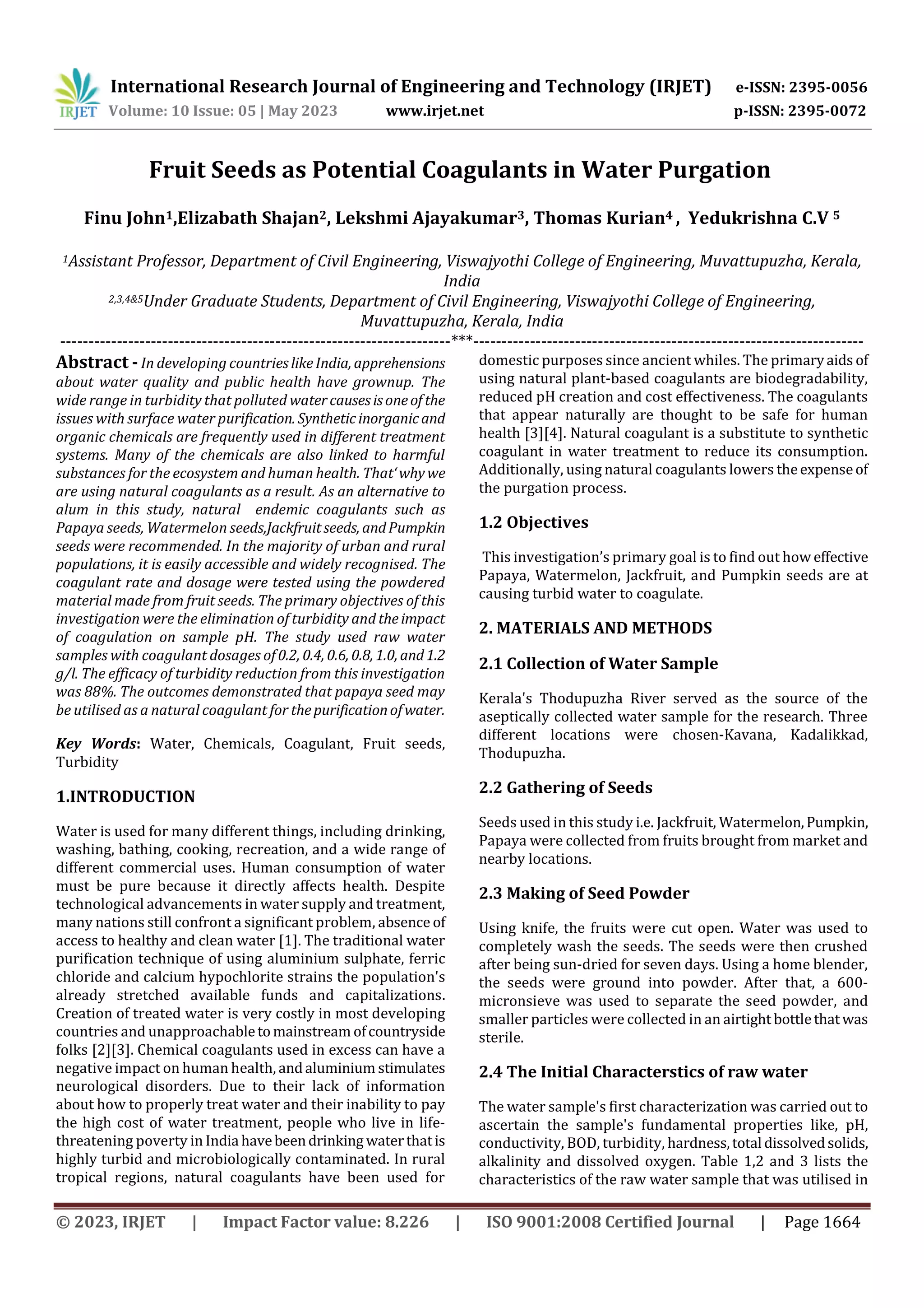 Fruit Seeds as Potential Coagulants in Water Purgation | PDF