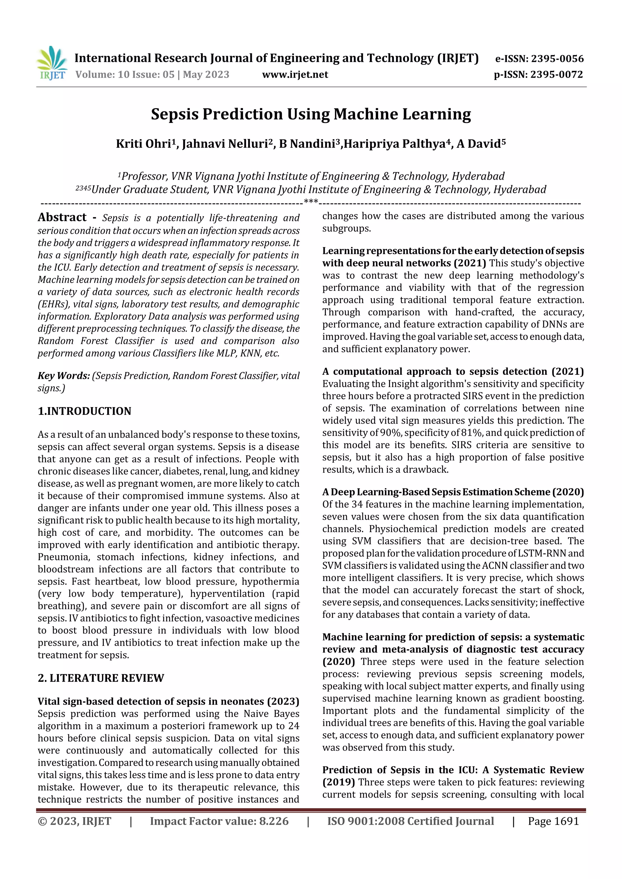 Sepsis Prediction Using Machine Learning | PDF