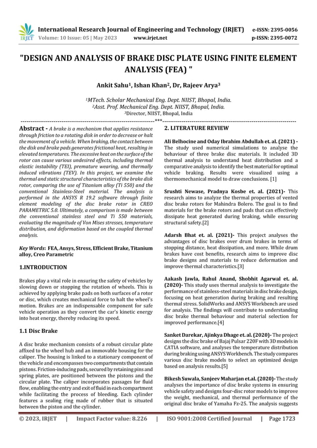 "DESIGN AND ANALYSIS OF BRAKE DISC PLATE USING FINITE ELEMENT ANALYSIS (FEA) " | PDF | Physics ...