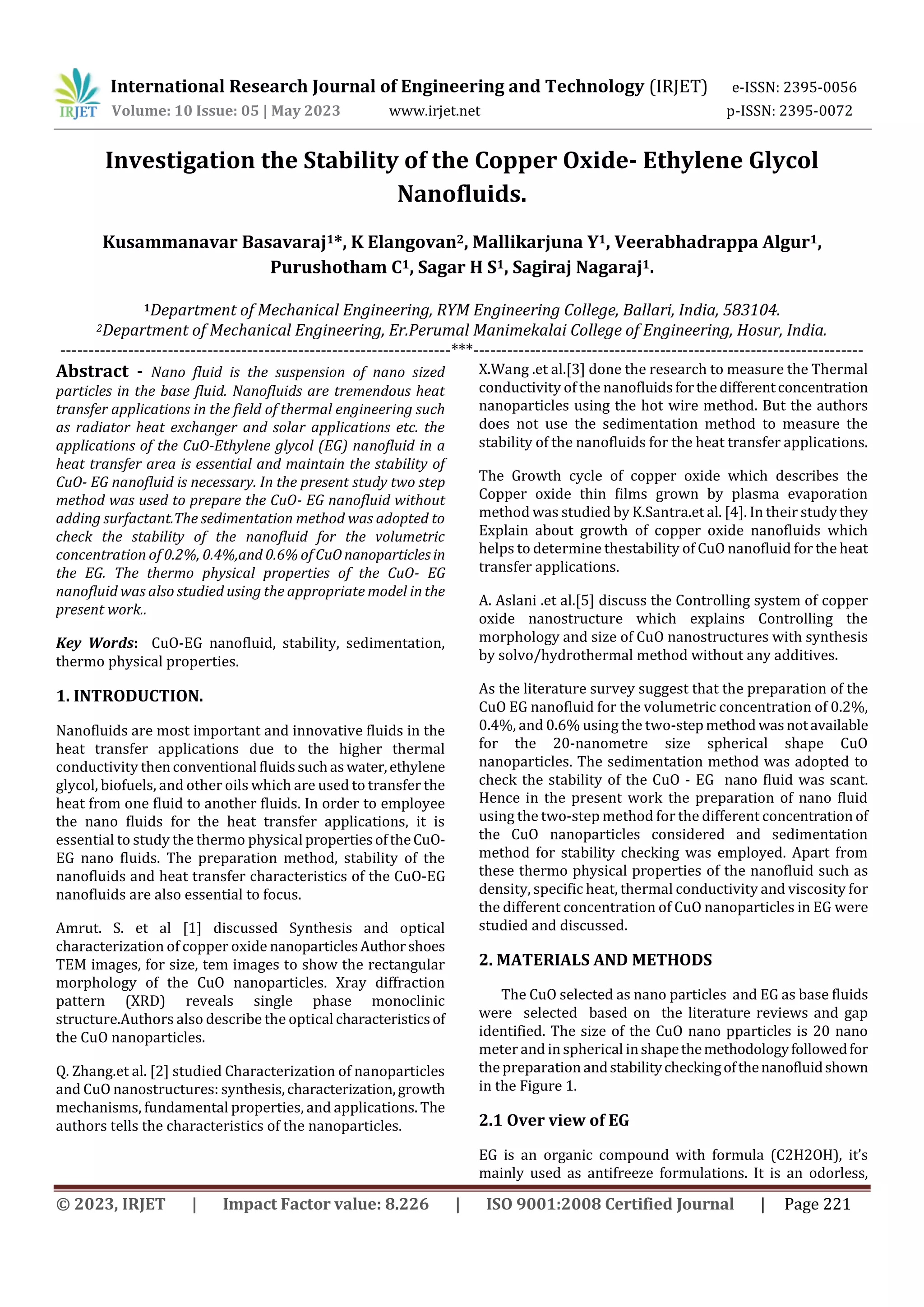Investigation the Stability of the Copper Oxide- Ethylene Glycol ...