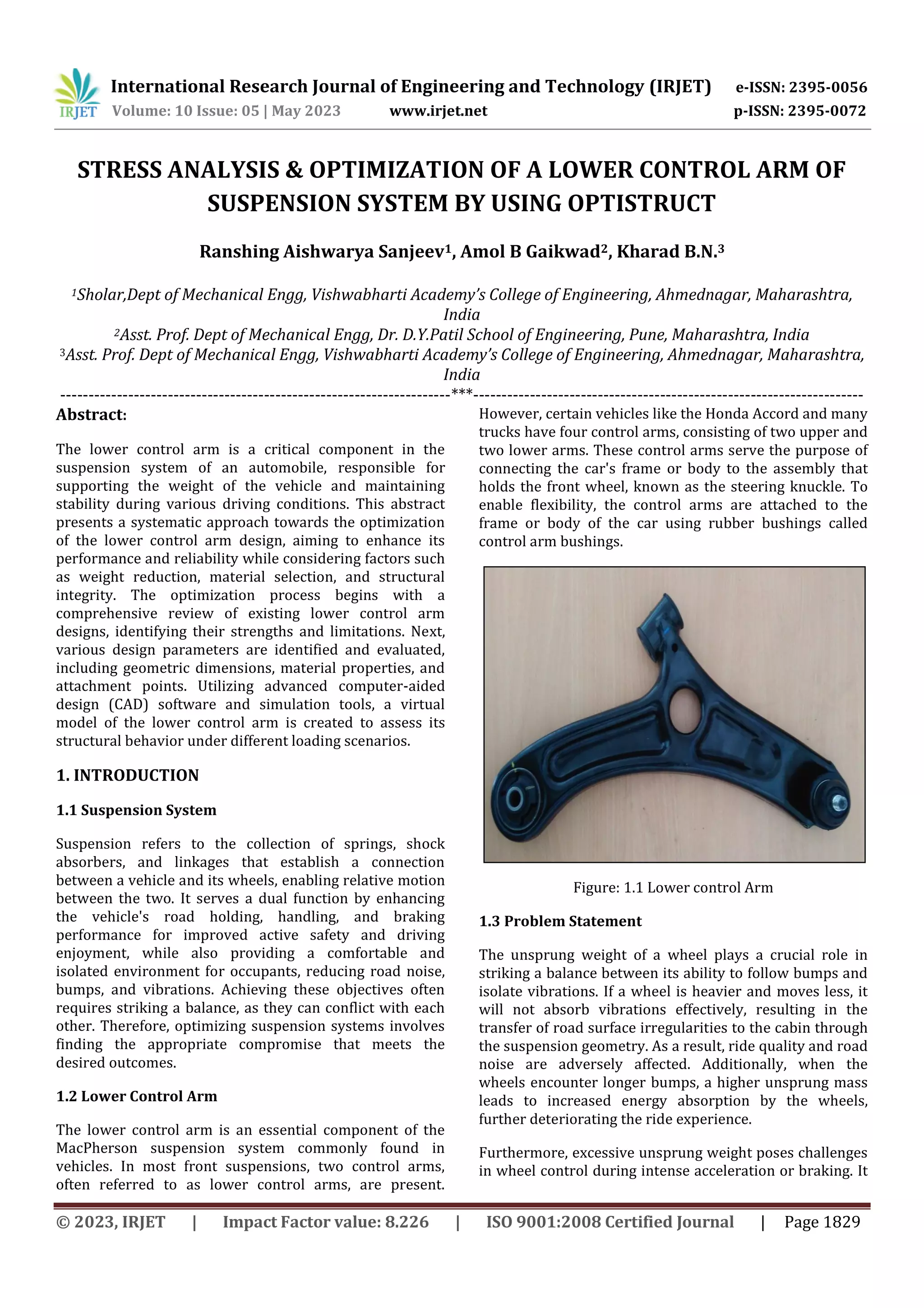STRESS ANALYSIS & OPTIMIZATION OF A LOWER CONTROL ARM OF SUSPENSION ...