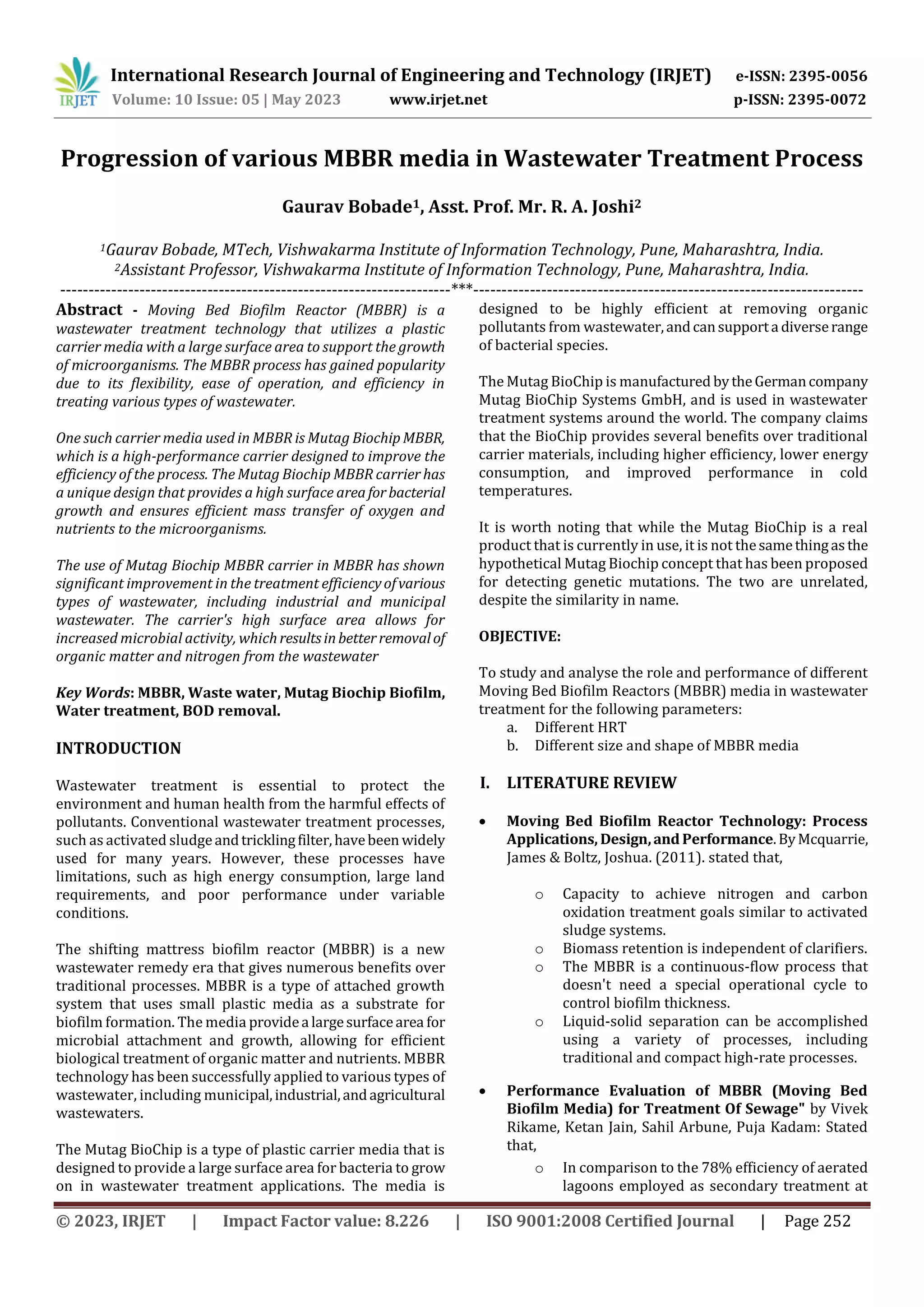 Progression of various MBBR media in Wastewater Treatment Process | PDF