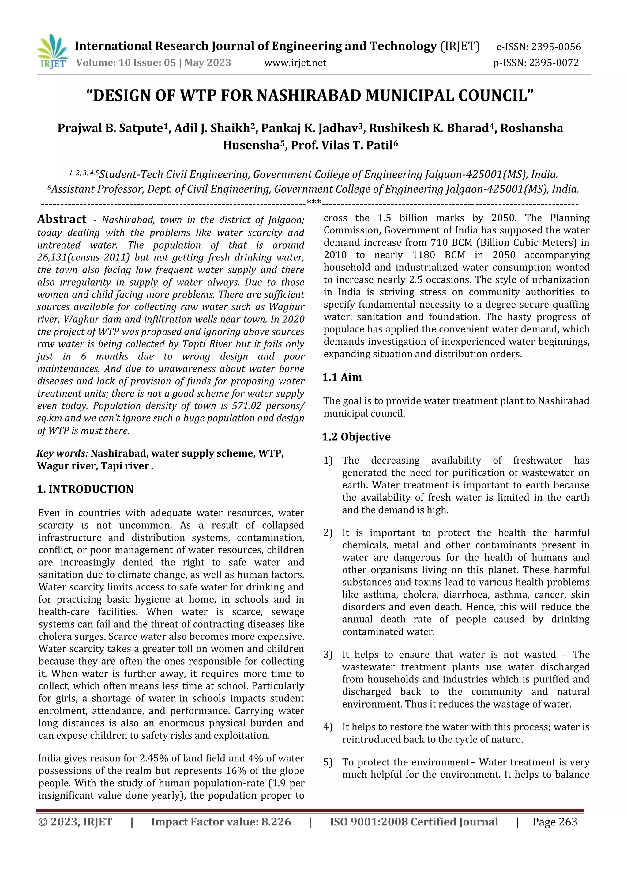 “DESIGN OF WTP FOR NASHIRABAD MUNICIPAL COUNCIL” | PDF