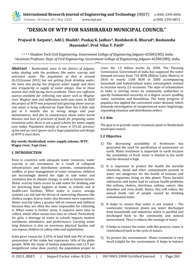 “DESIGN OF WTP FOR NASHIRABAD MUNICIPAL COUNCIL” | PDF