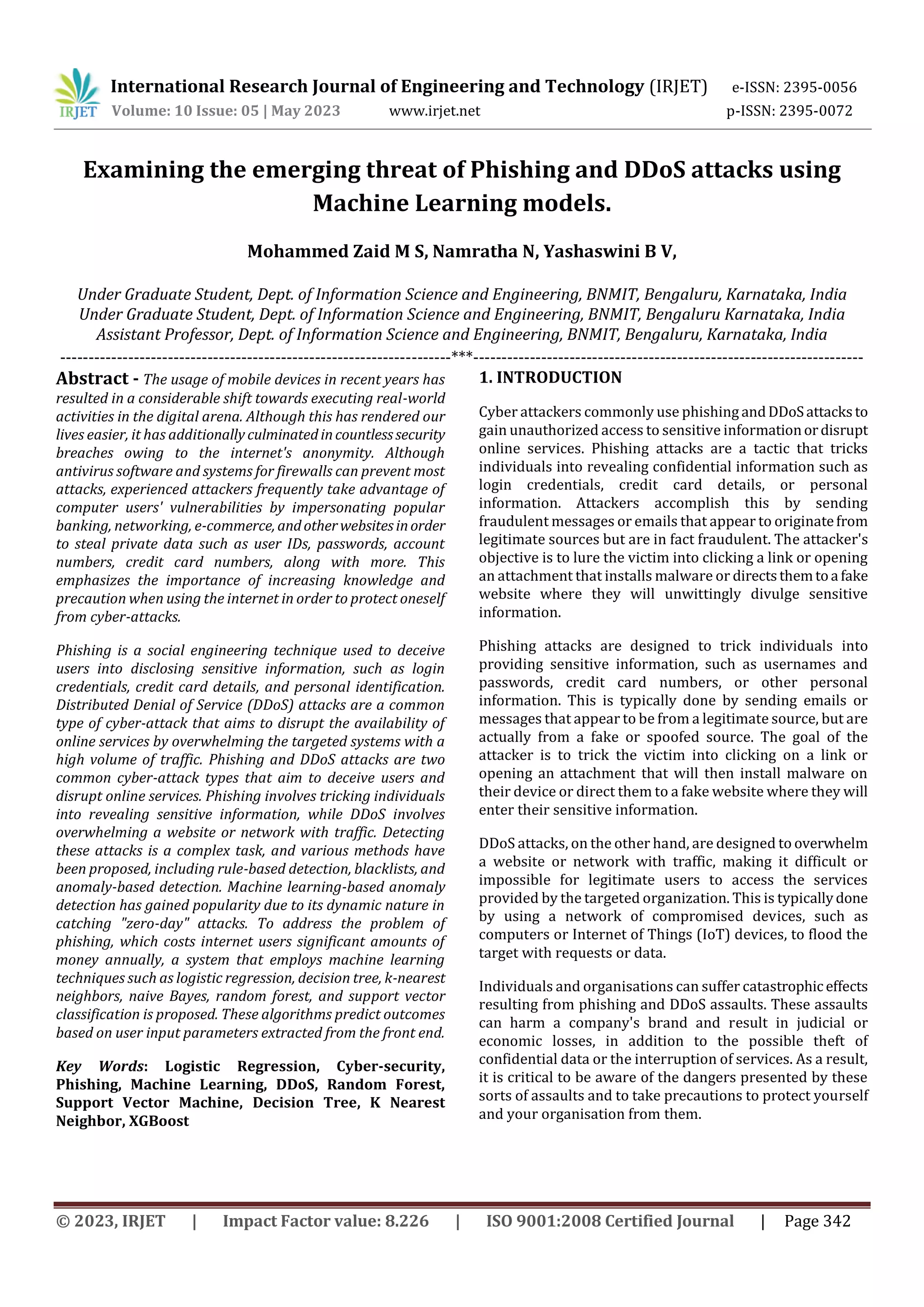 Examining the emerging threat of Phishing and DDoS attacks using Machine Learning models. | PDF