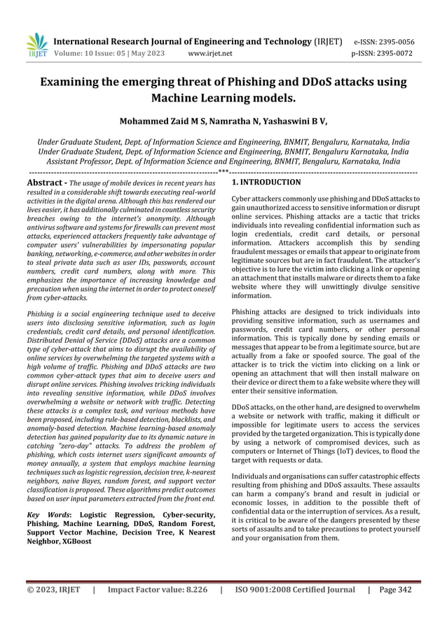 Examining the emerging threat of Phishing and DDoS attacks using Machine Learning models. | PDF