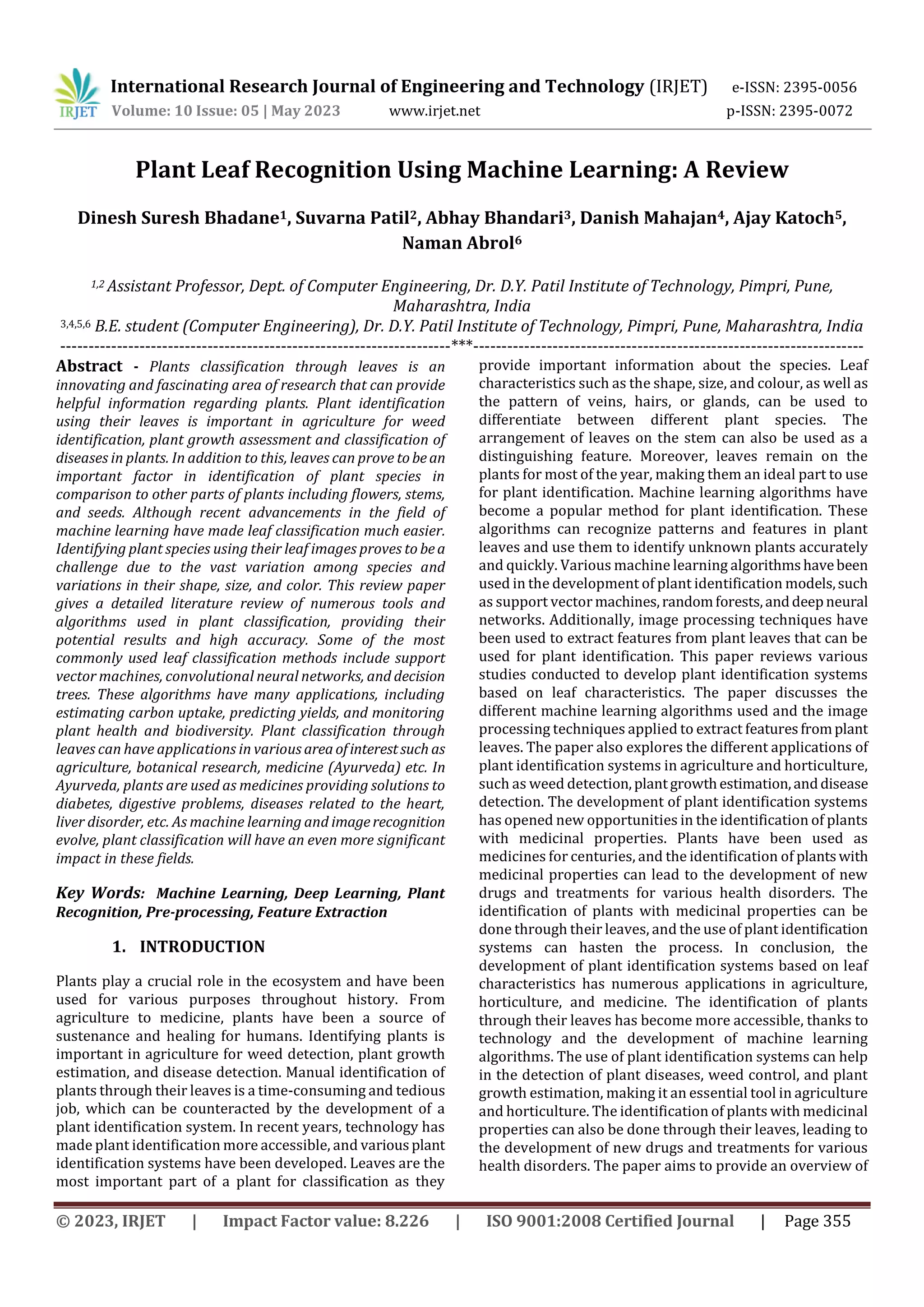 Plant Leaf Recognition Using Machine Learning: A Review | PDF