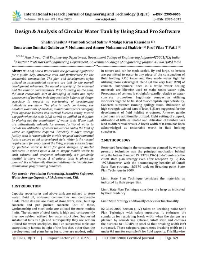 Design & Analysis of Circular Water Tank by Using Staad Pro Software | PDF