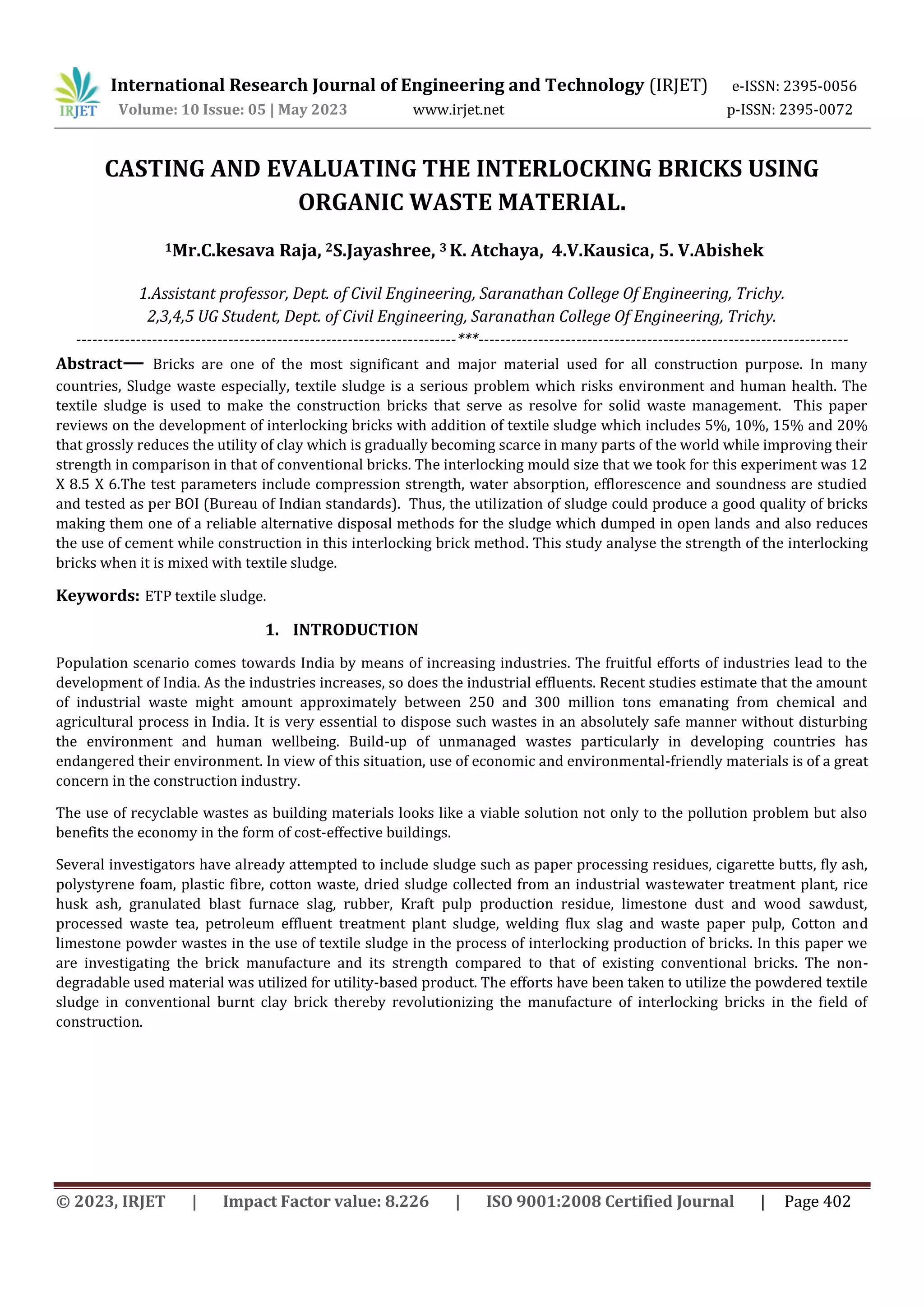 CASTING AND EVALUATING THE INTERLOCKING BRICKS USING ORGANIC WASTE ...