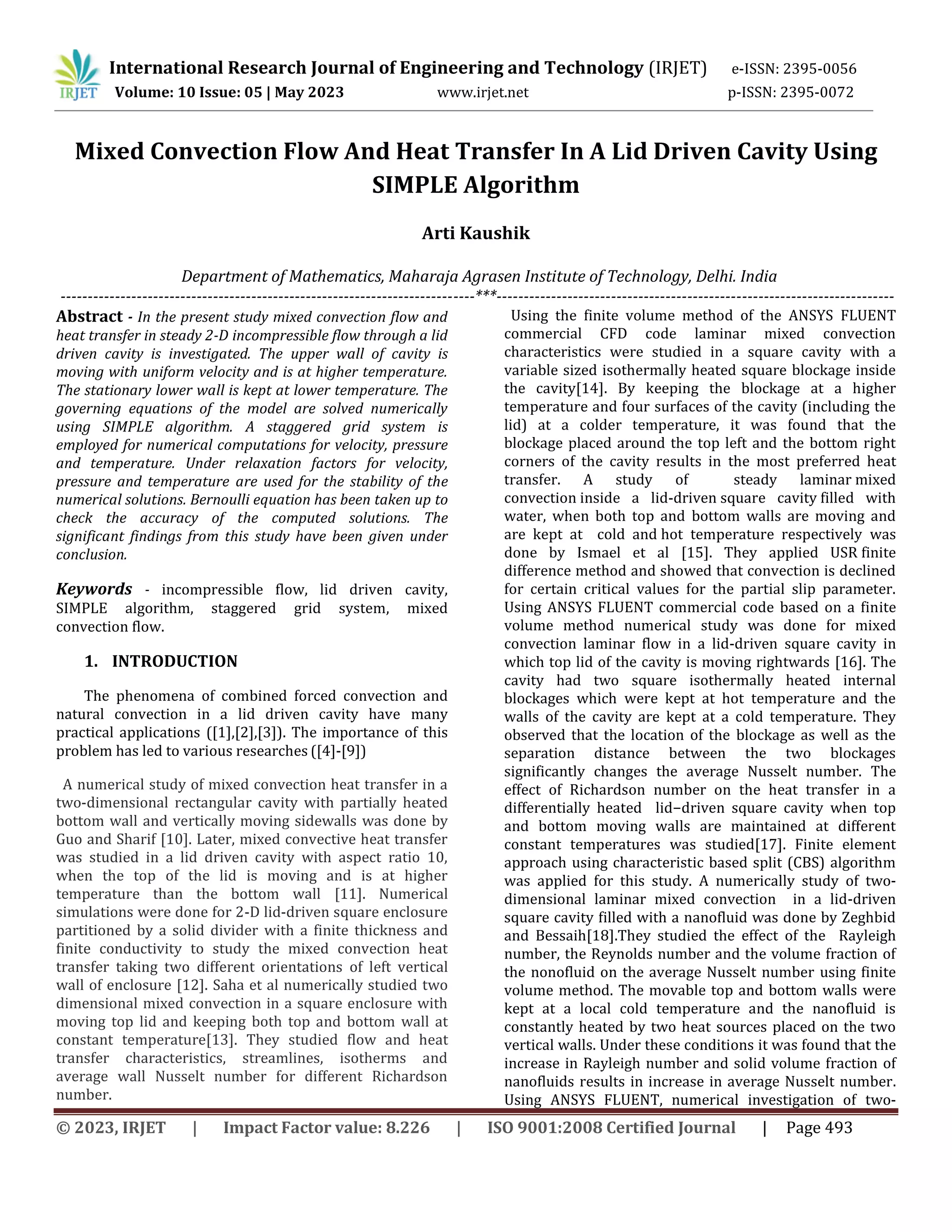 Mixed Convection Flow And Heat Transfer In A Lid Driven Cavity Using SIMPLE Algorithm | PDF ...