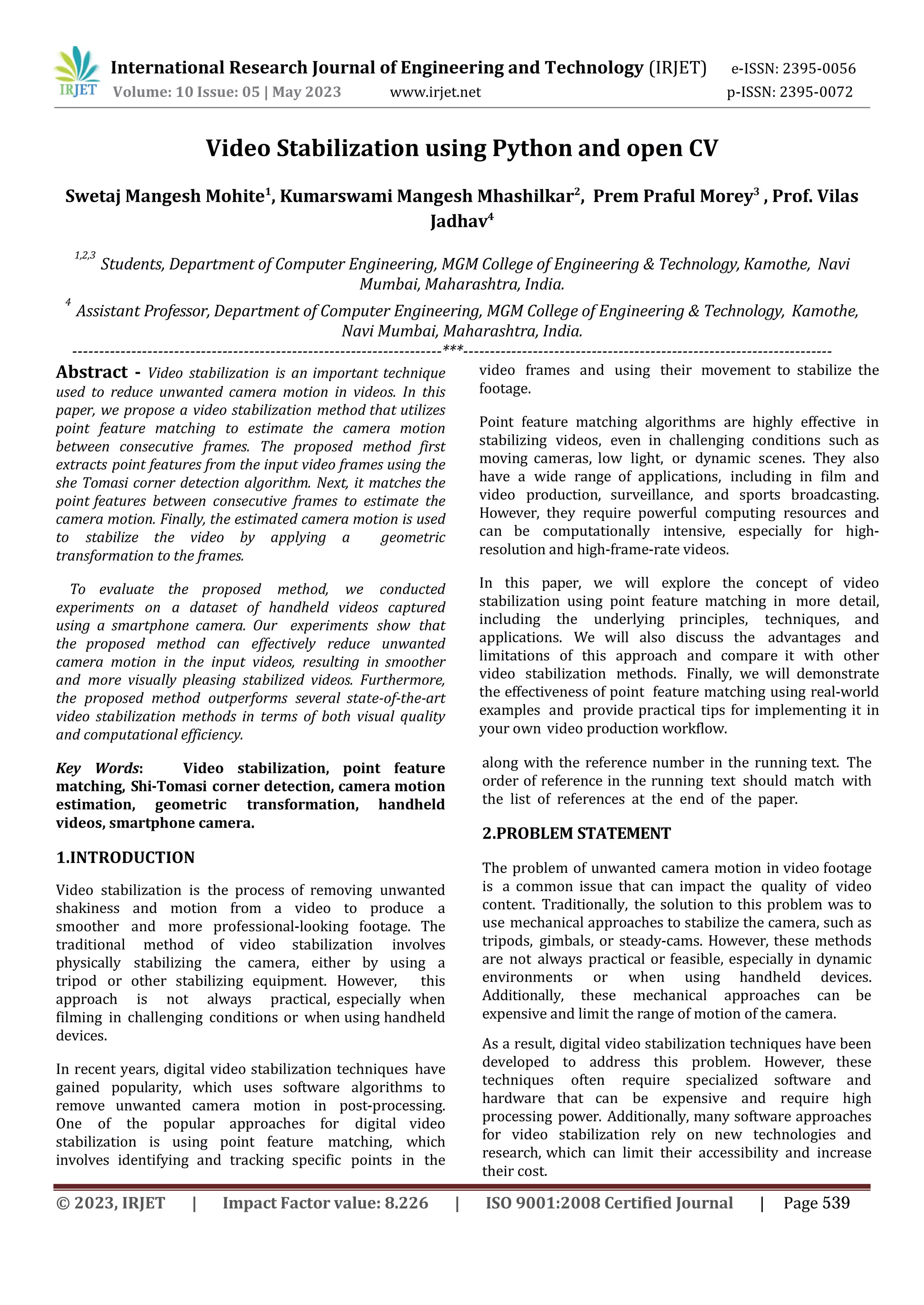 Video Stabilization using Python and open CV | PDF