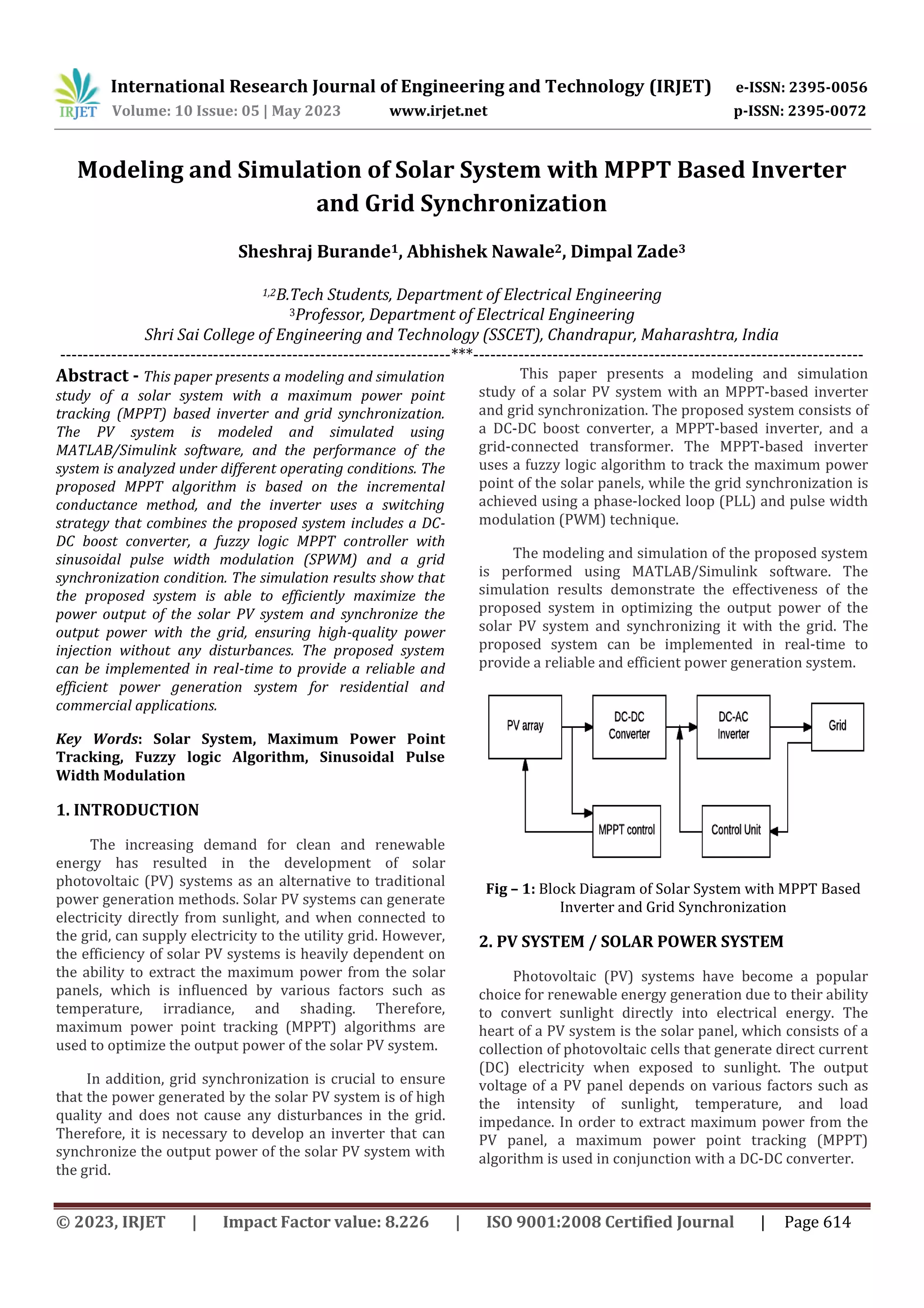 Modeling And Simulation Of Solar System With Mppt Based Inverter And Grid Synchronization Pdf