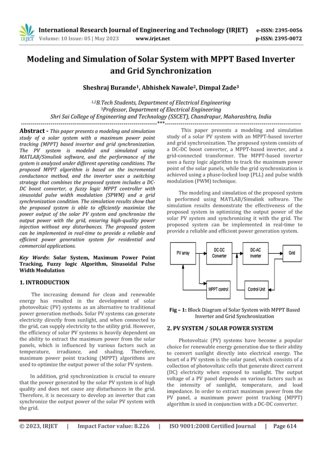 Modeling and Simulation of Solar System with MPPT Based Inverter and Grid Synchronization | PDF