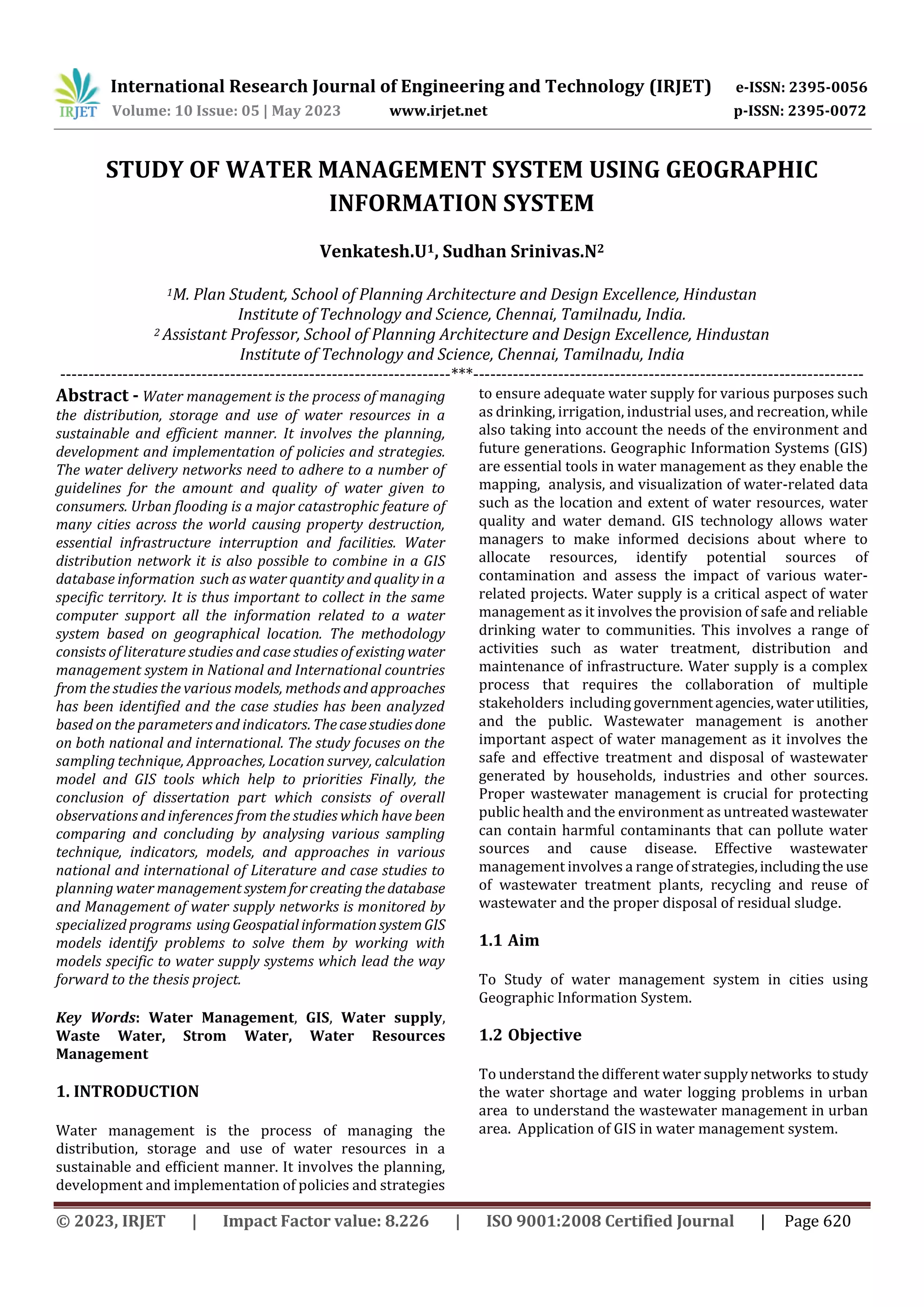 STUDY OF WATER MANAGEMENT SYSTEM USING GEOGRAPHIC INFORMATION SYSTEM | PDF
