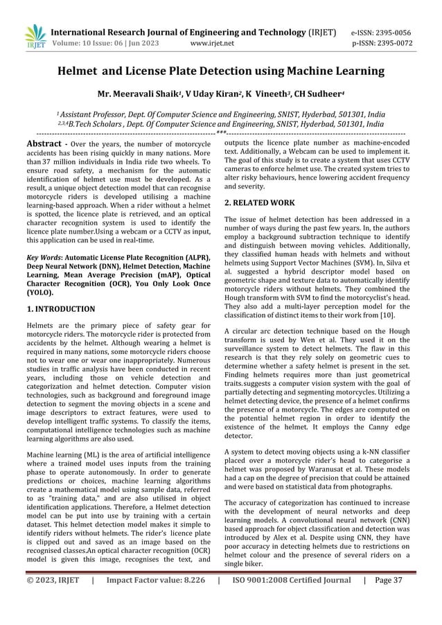 Helmet and License Plate Detection using Machine Learning | PDF