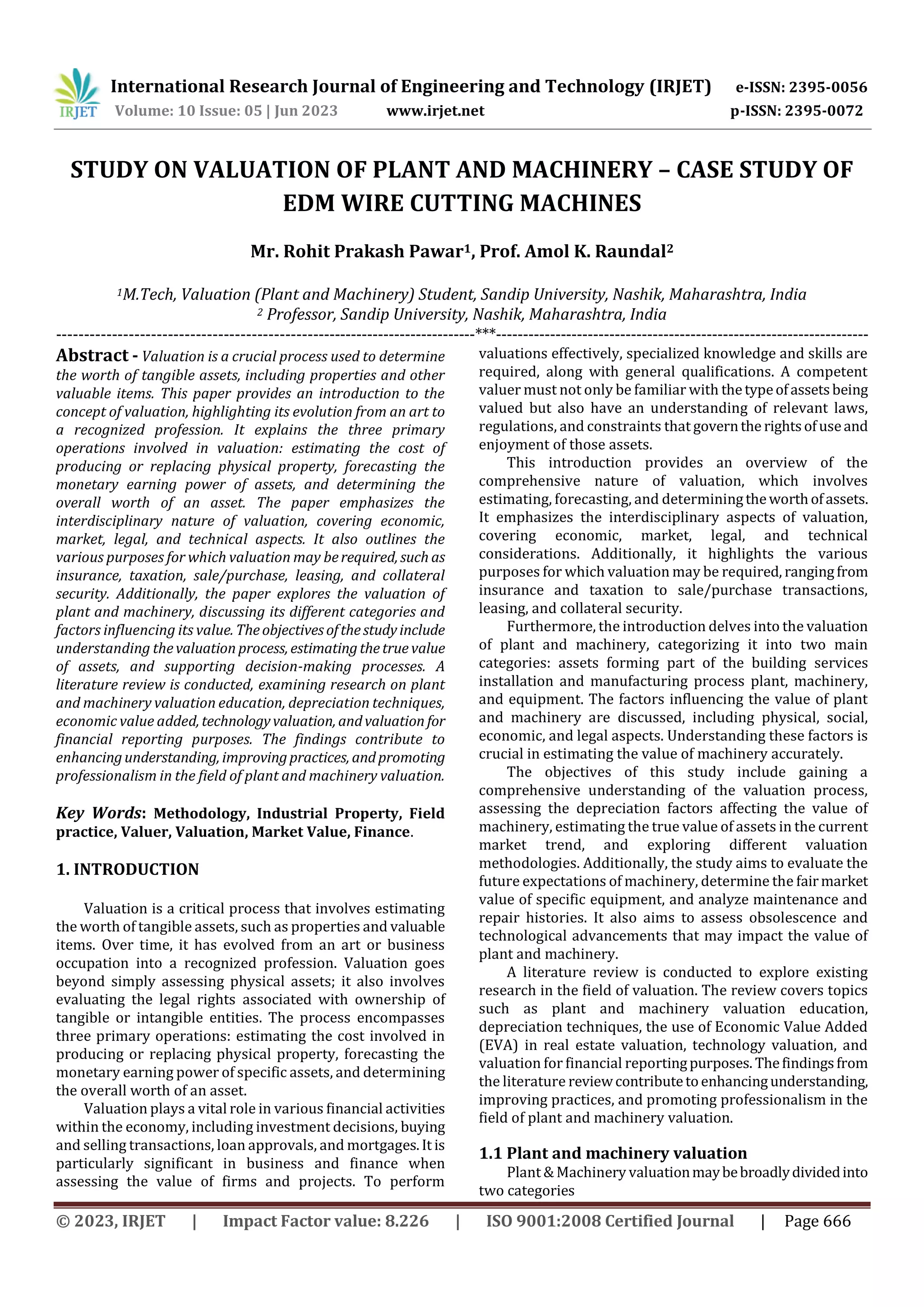 STUDY ON VALUATION OF PLANT AND MACHINERY – CASE STUDY OF EDM WIRE CUTTING MACHINES | PDF ...