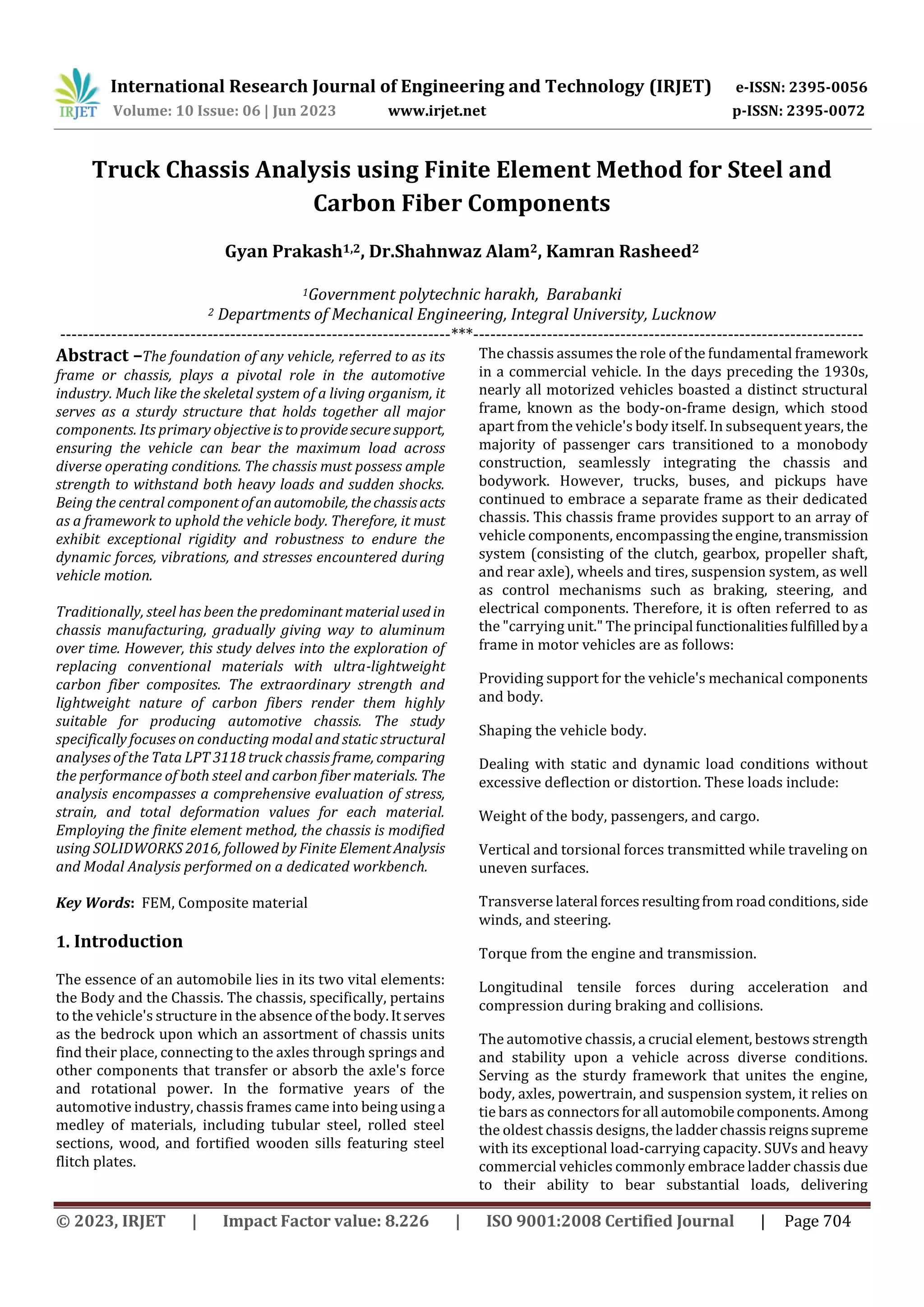 Truck Chassis Analysis using Finite Element Method for Steel and Carbon Fiber Components | PDF