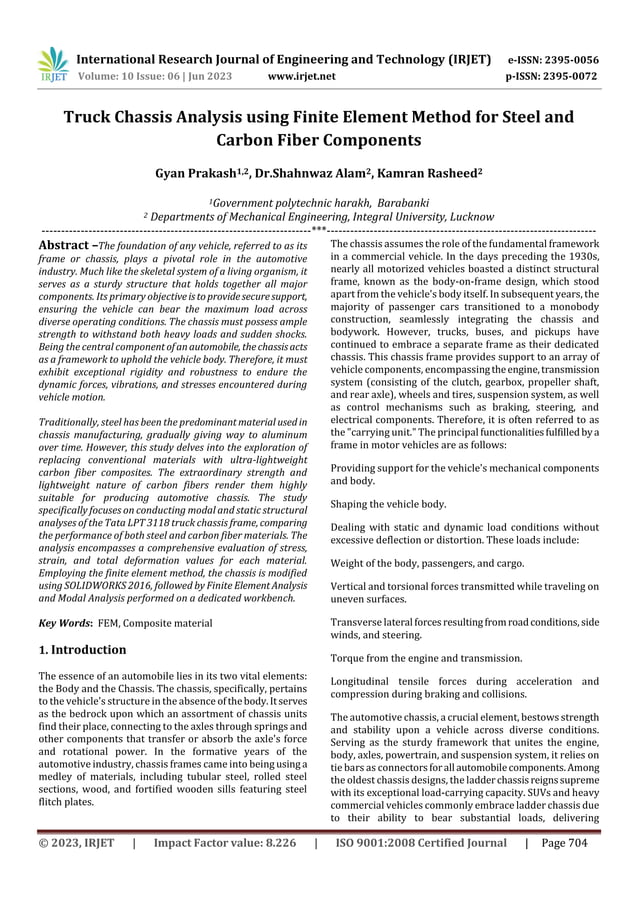 Truck Chassis Analysis using Finite Element Method for Steel and Carbon Fiber Components | PDF