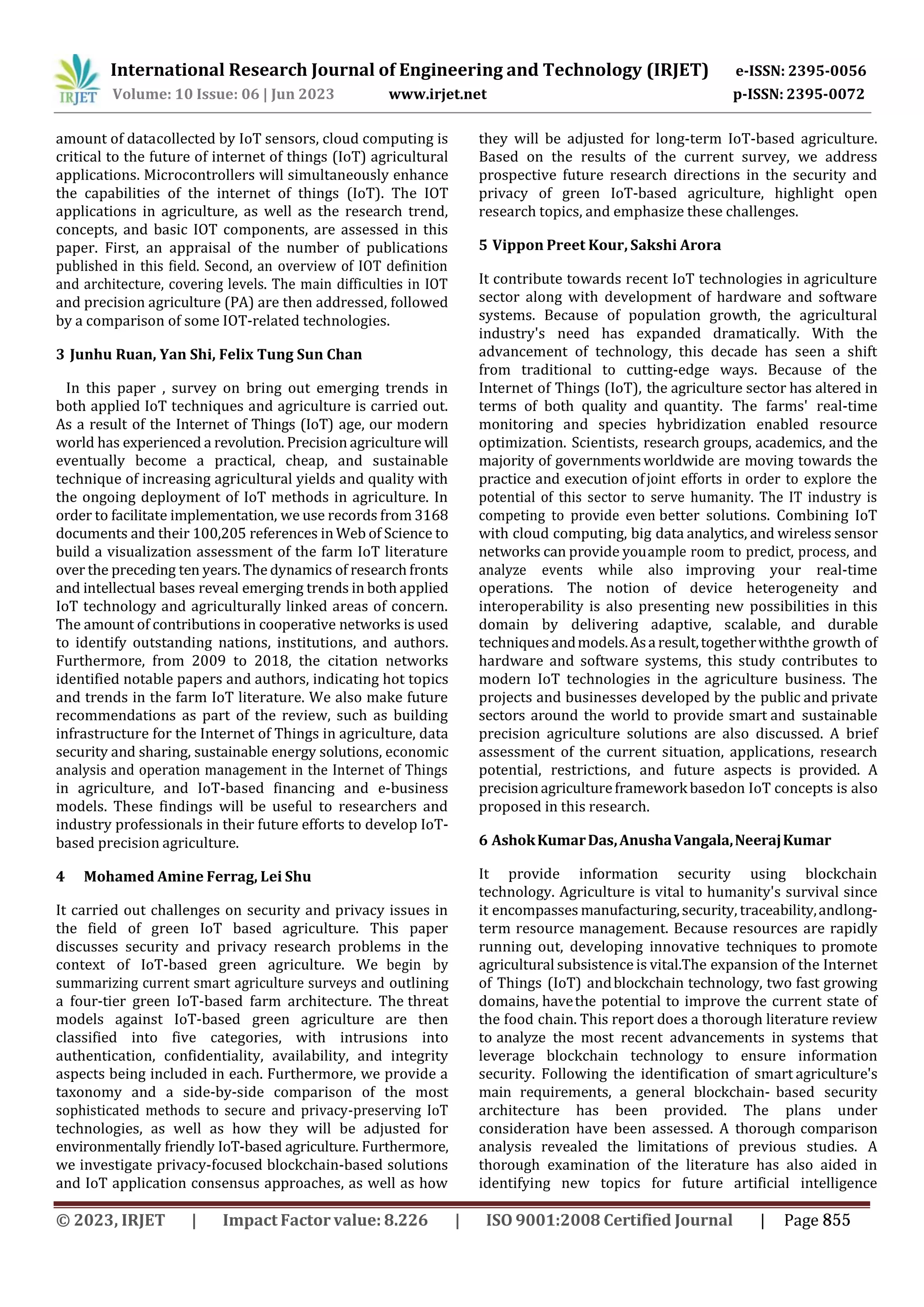 A review of the literature on IOT-based smart agriculture monitoring and control systems | PDF