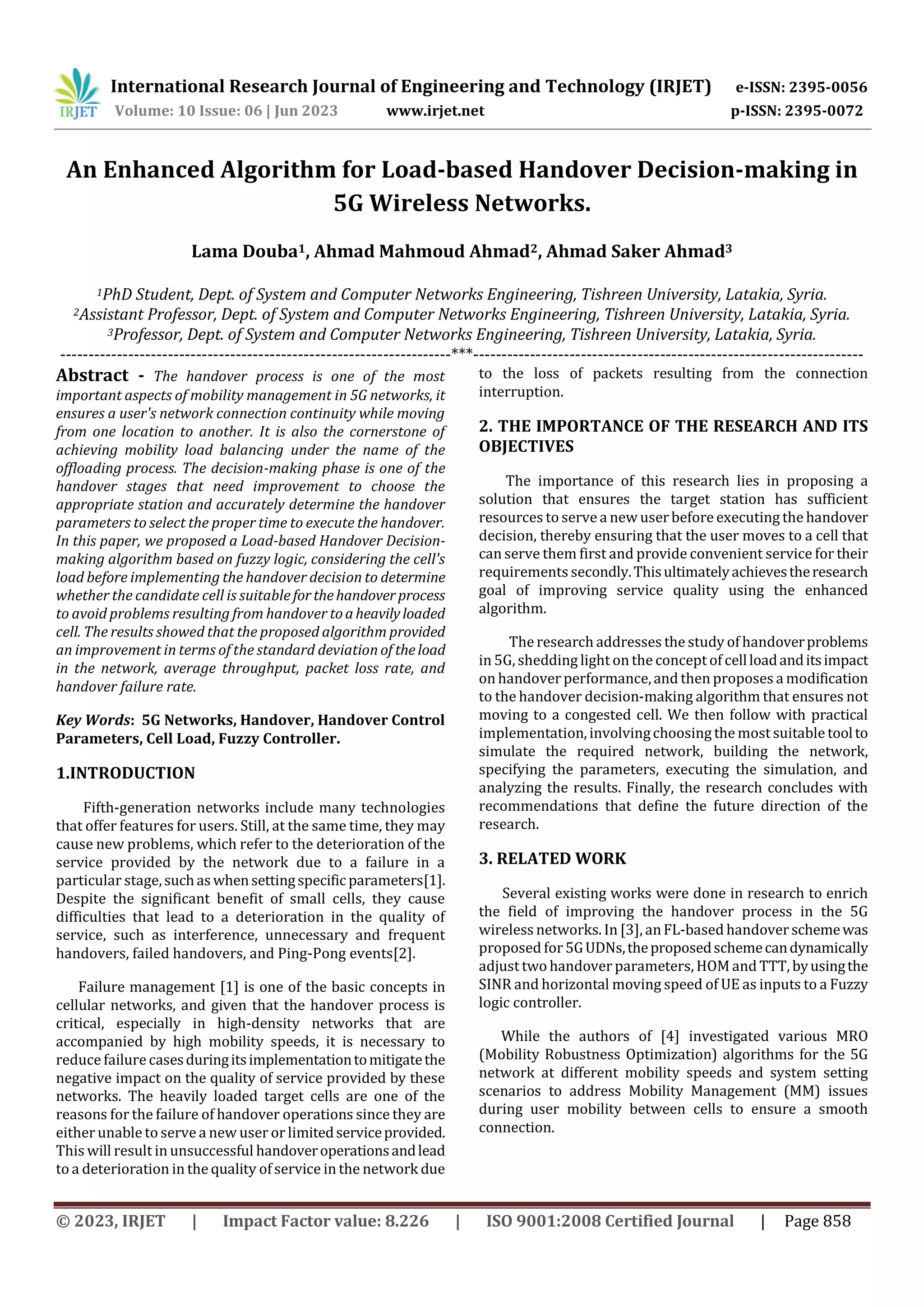 An Enhanced Algorithm for Load-based Handover Decision-making in 5G Wireless Networks. | PDF