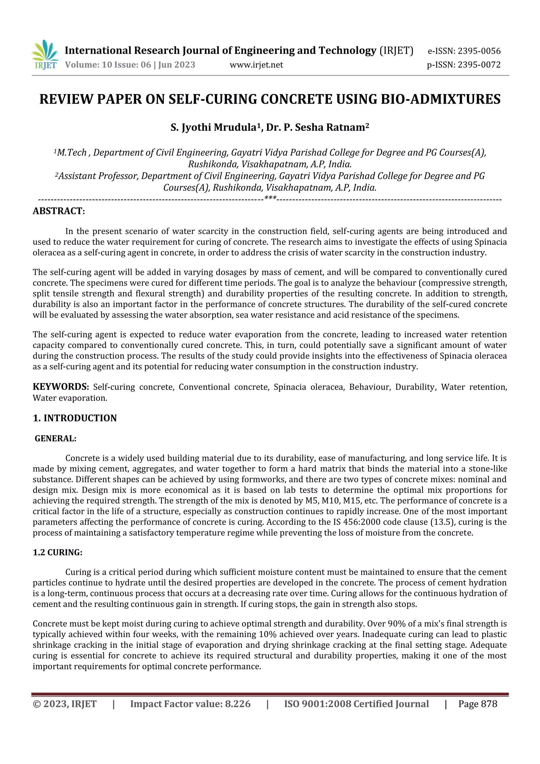 REVIEW PAPER ON SELF-CURING CONCRETE USING BIO-ADMIXTURES | PDF